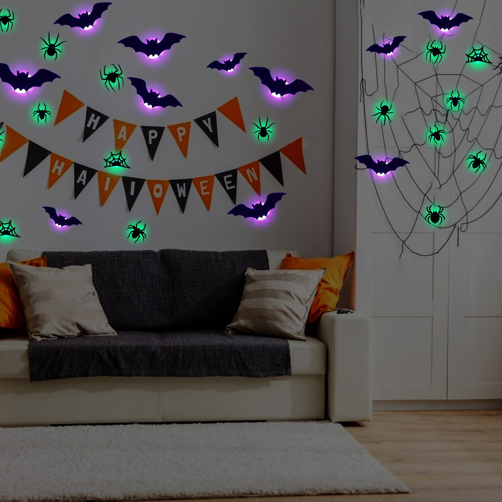 Kbndieu Bats Spiders Wall Decor, Halloween Decorations 21 Pack Lighted ...