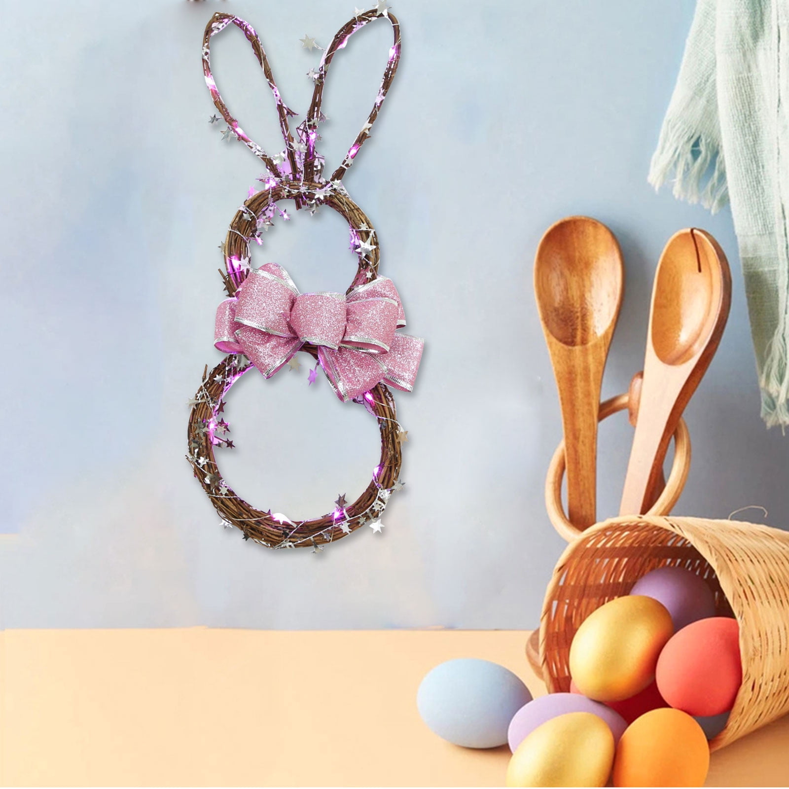 Kbndieu Easter Decorations Wreath Warm Led Easter Bunny Garland Rattan ...