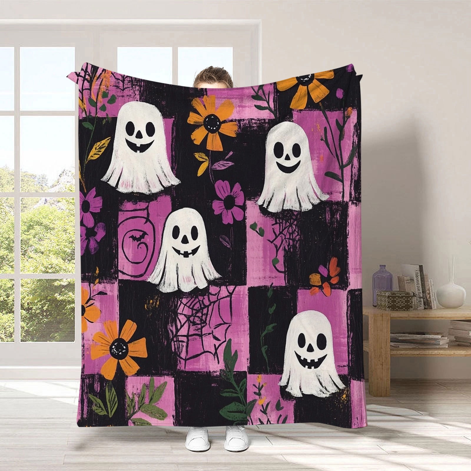 Kbndieu Halloween Throw Blanket for Couch, Cute Ghost Halloween Fleece ...