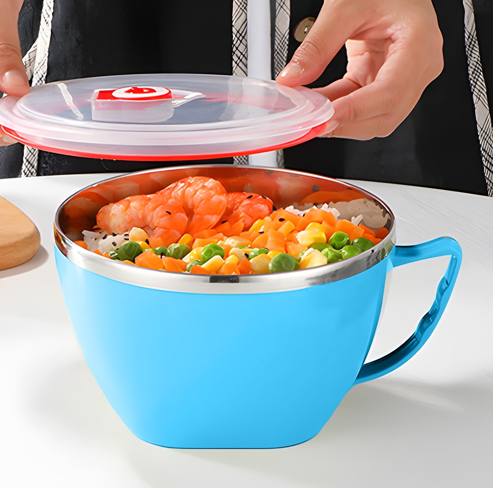 Kbndieu Stainless Steel Bowl Double Layer with Lid Handle Cup Ramen ...