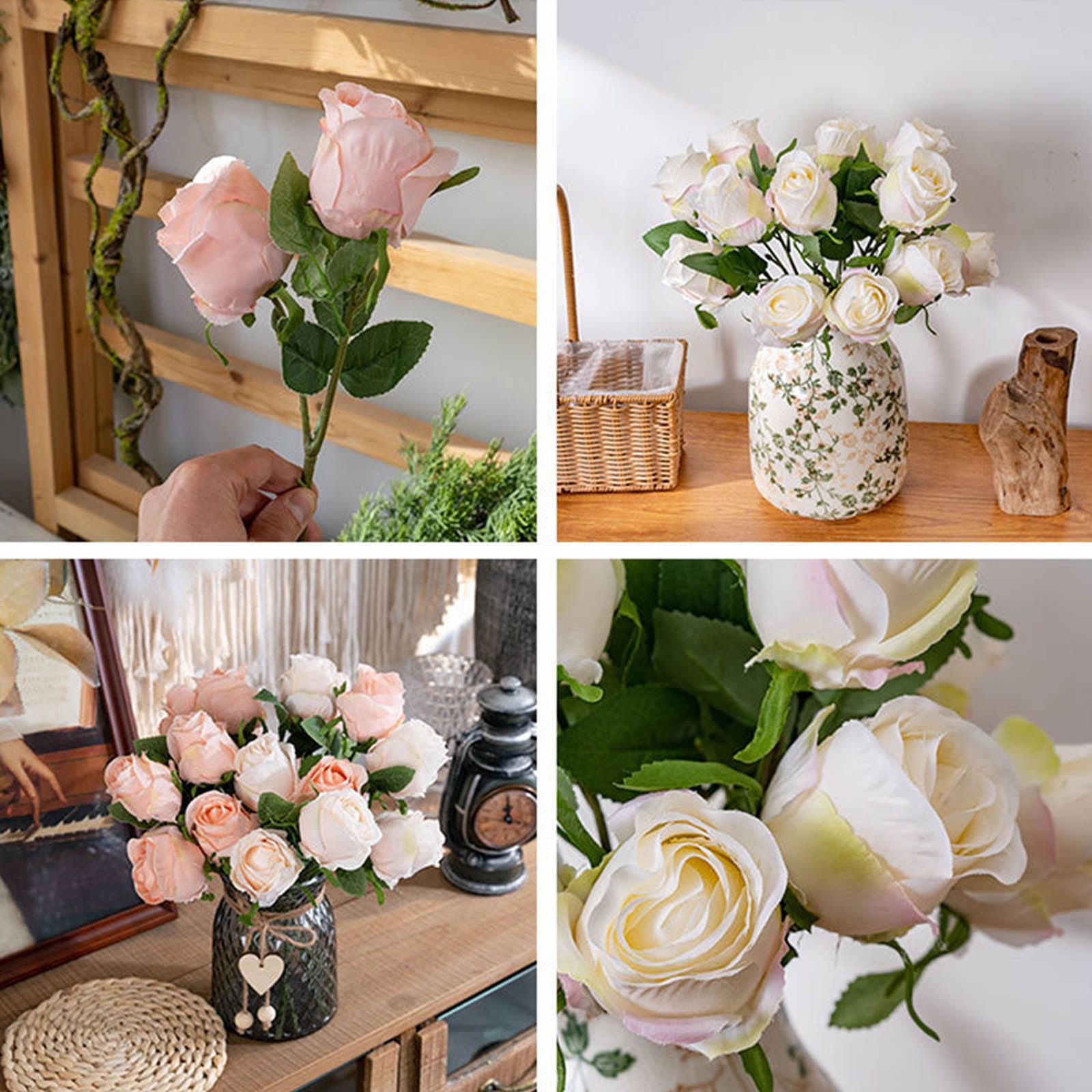 Kbndieu Two Heads Roses Artificial Fake Flowers for Wedding ...