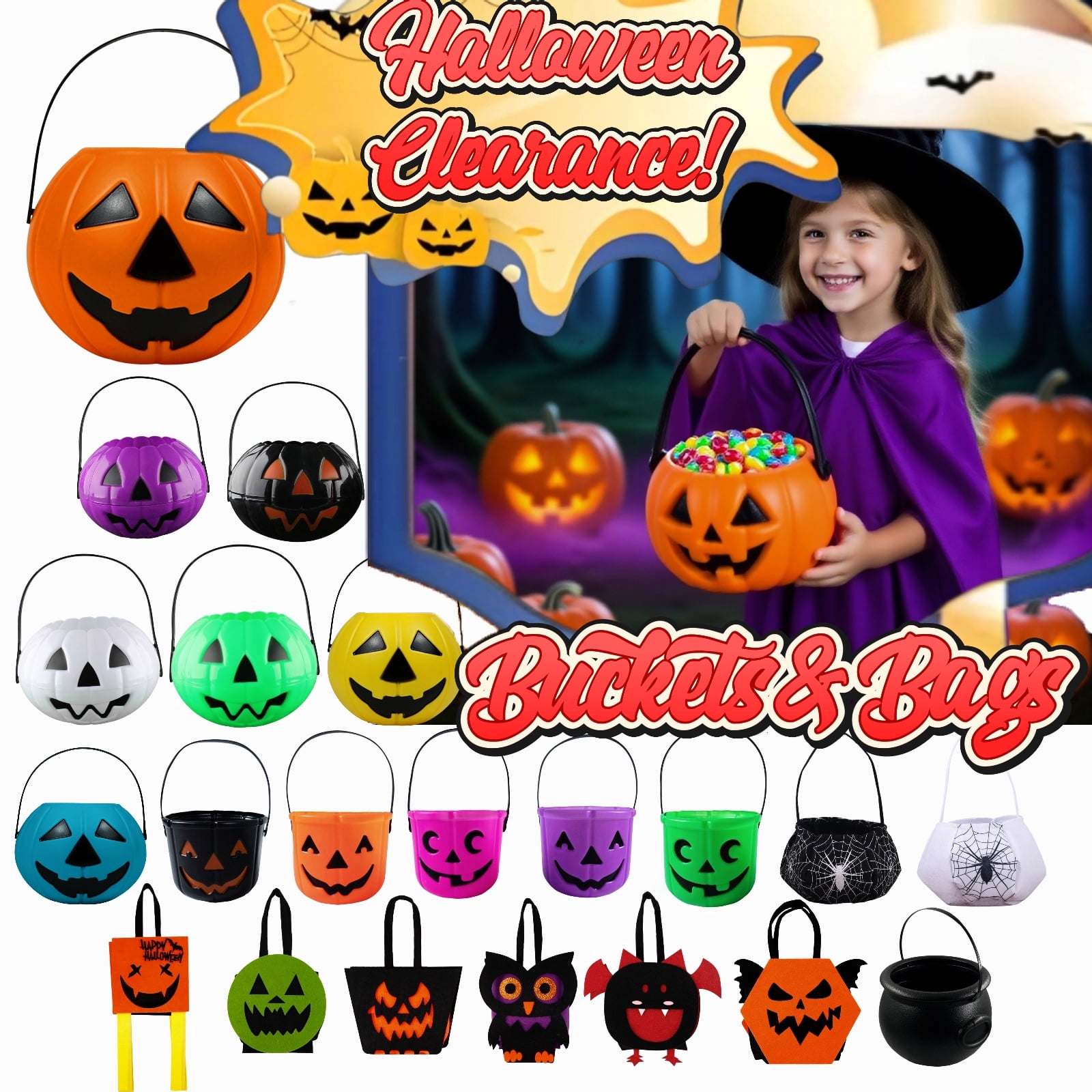 Kbndieu Under$5 Halloween Plastic Pumpkin Bucket, tricking or treating ...