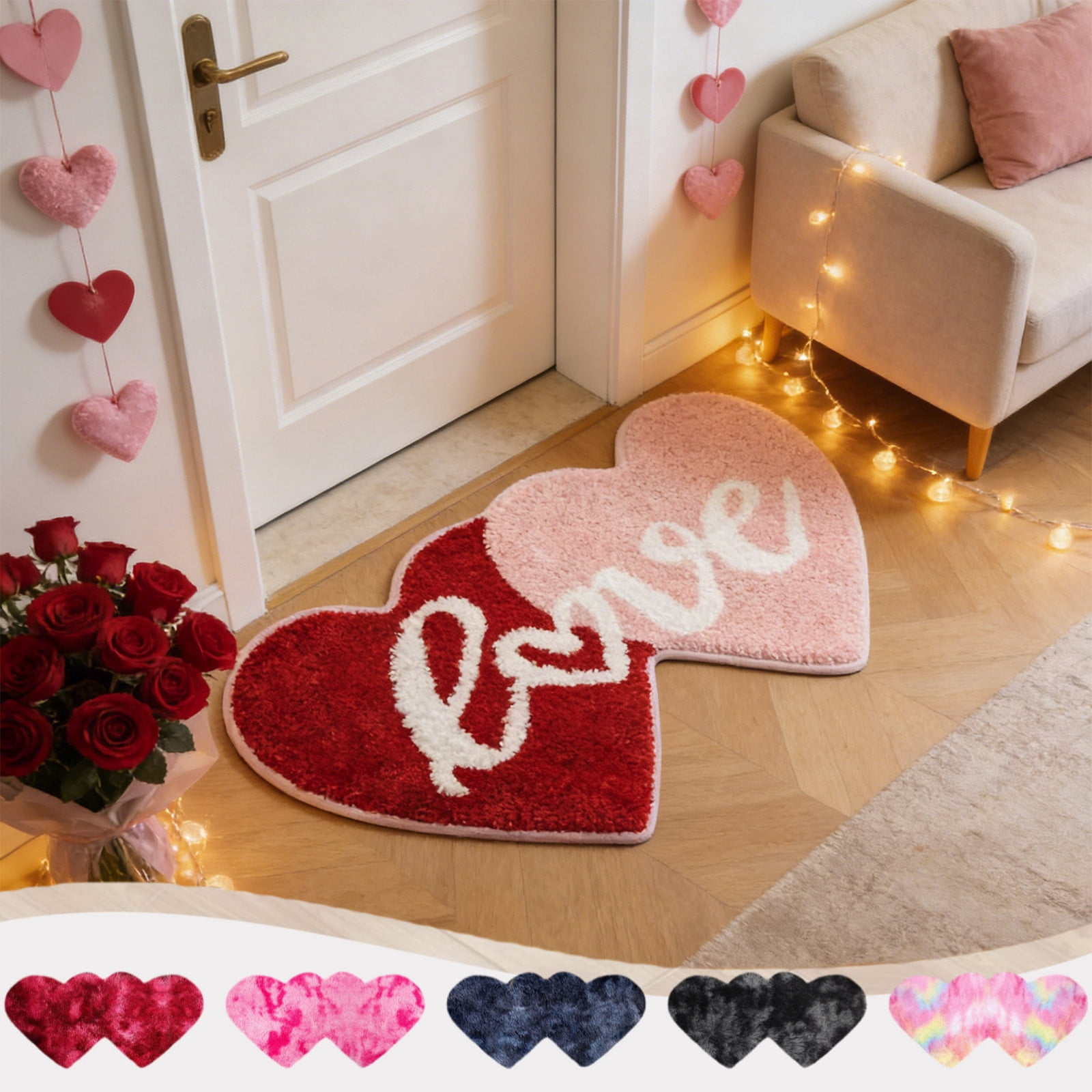 Kbndieu Valentines Day Heart Rug Double Heart Shaped Decorative Fluffy ...