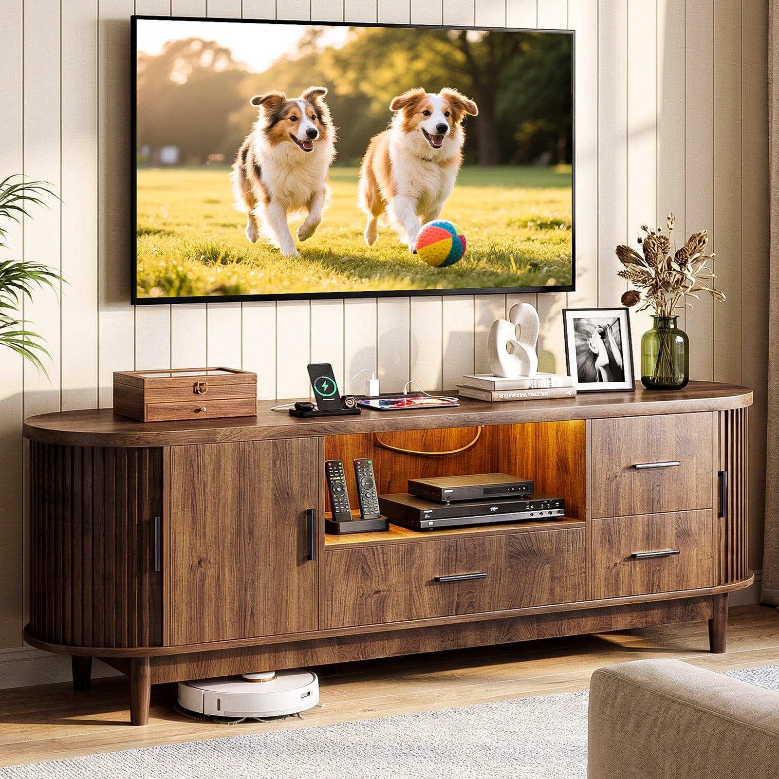 Kbun 63 inch Mid Century Modern TV Stand with Sliding Doors, LED Lights ...