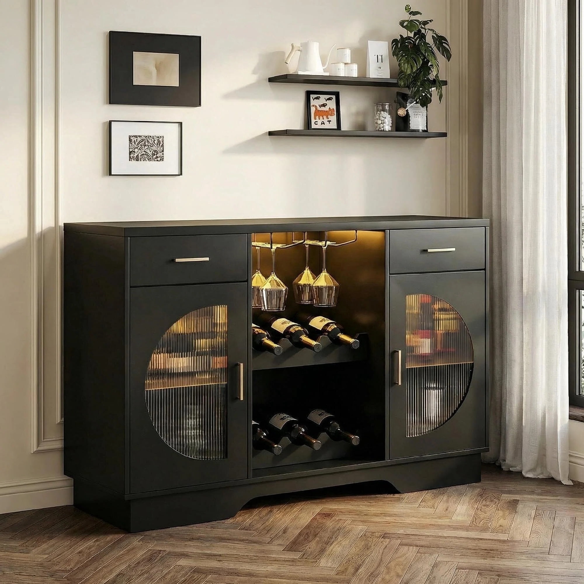 Kbun Coffee Bar Cabinet with Fridge Space, Wine Bar with LED Lights ...