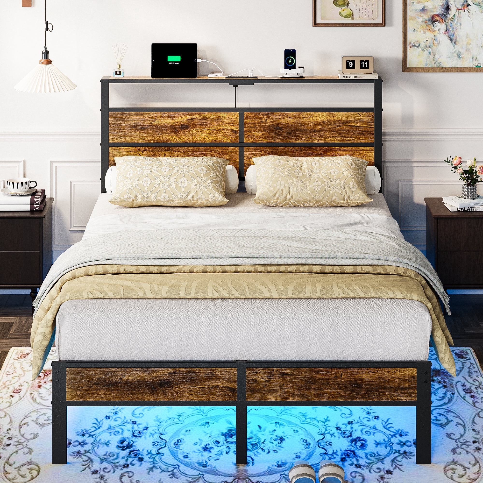 Kbun Full Size Bed Frame with Wooden Headboard, USB/Type-C Charging ...