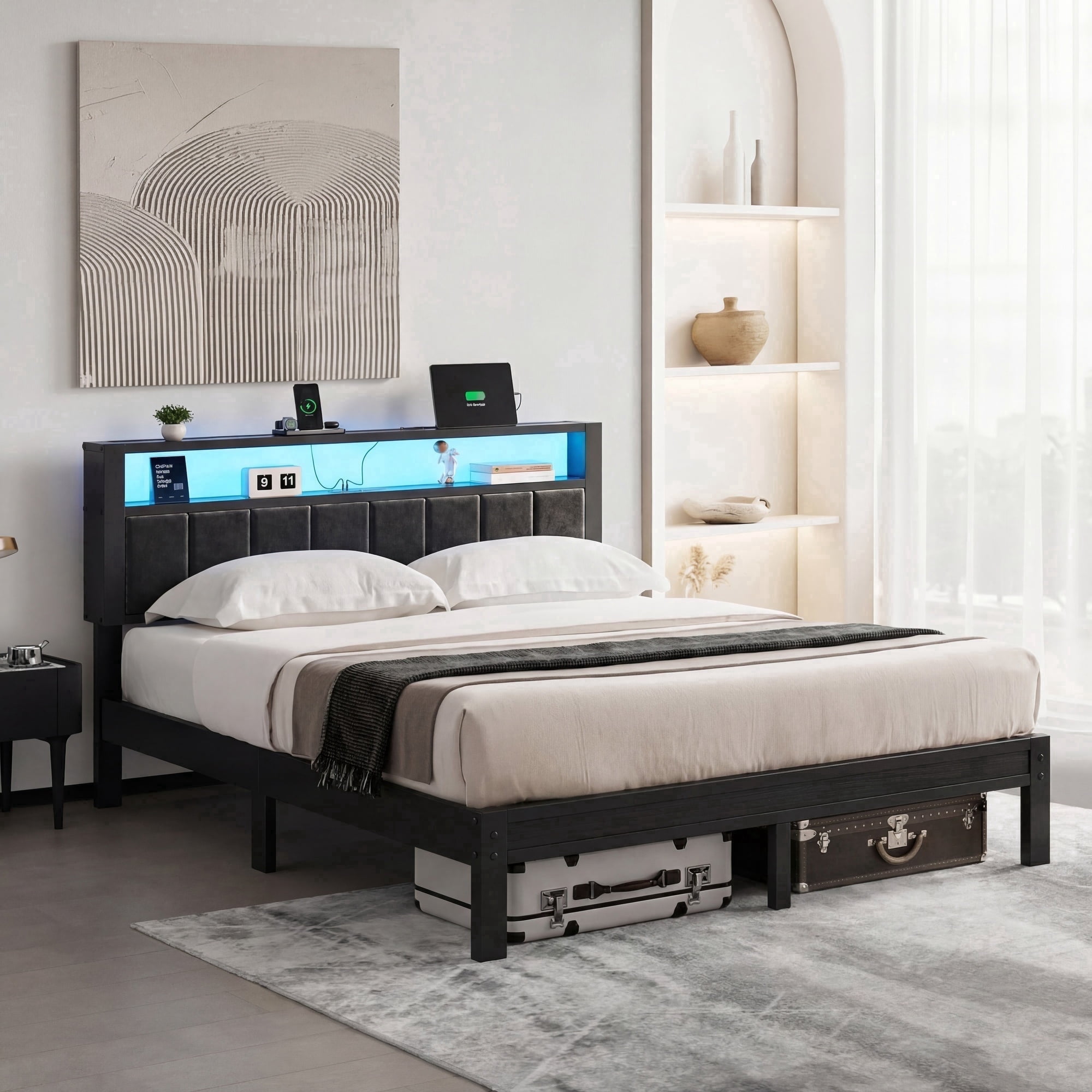 Kbun Full Size Platform Bed Frame with Upholstered Headboard, Metal Bed ...
