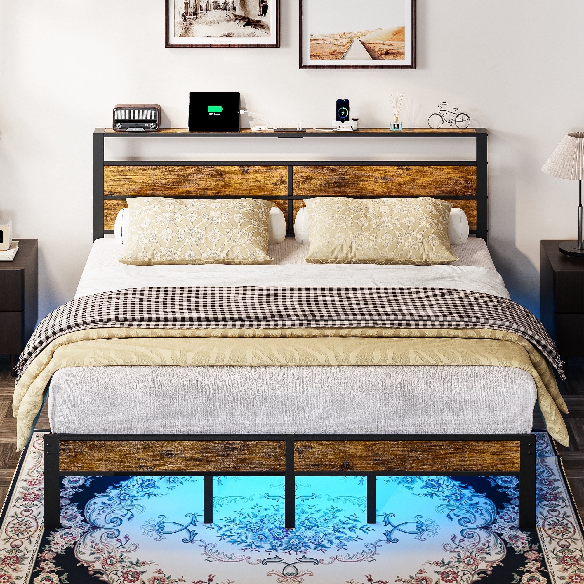 Kbun King Size Bed Frame with Wooden Headboard, USB/Type-C Charging ...