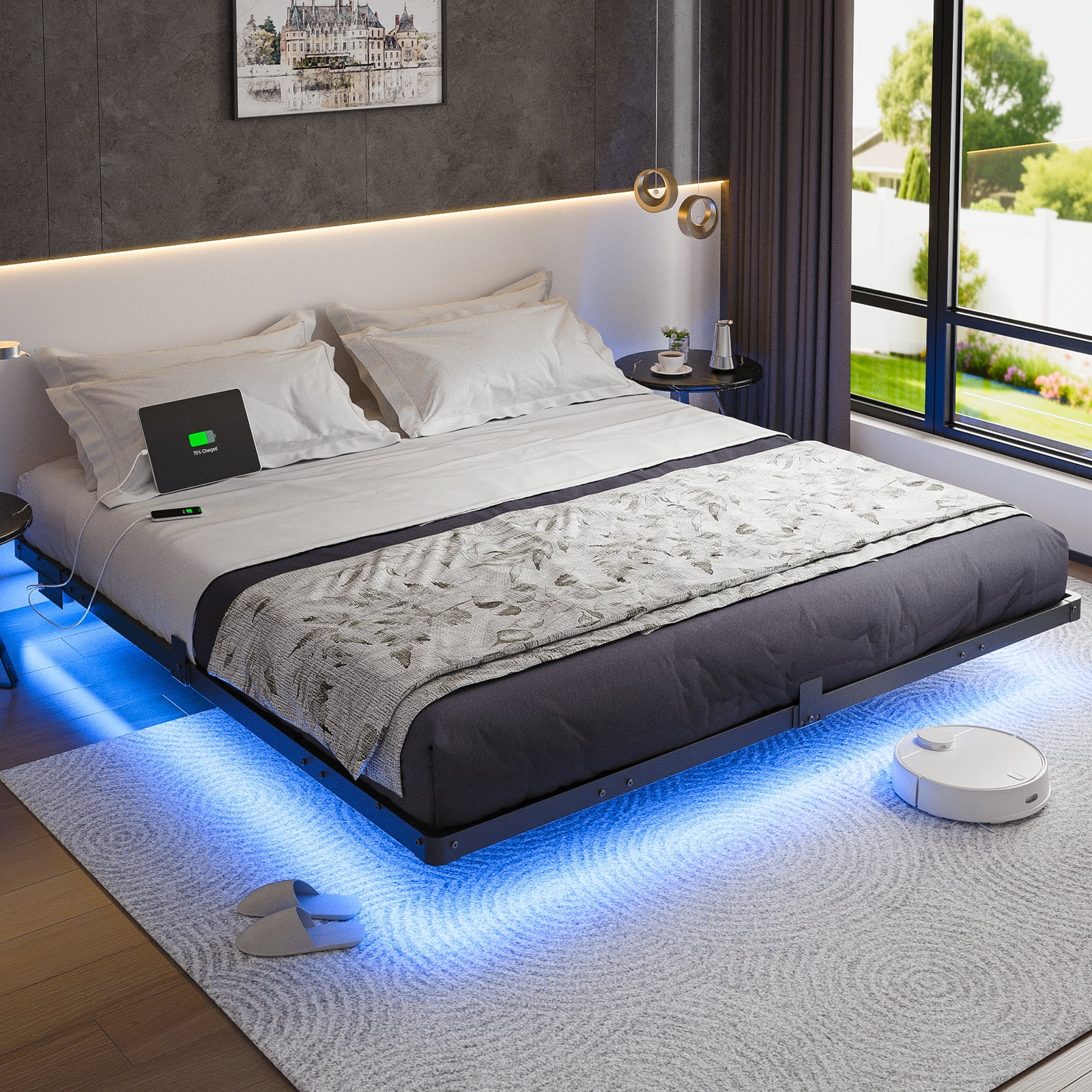 Kbun King Floating Bed Frame with Smart LED Lights and Charging Station ...