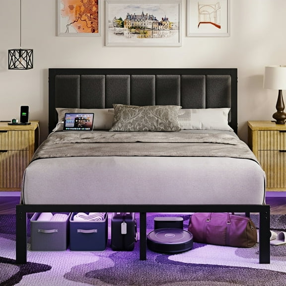 Queen Bed Frame with Headboard and Storage Shelf, LED Light and ...