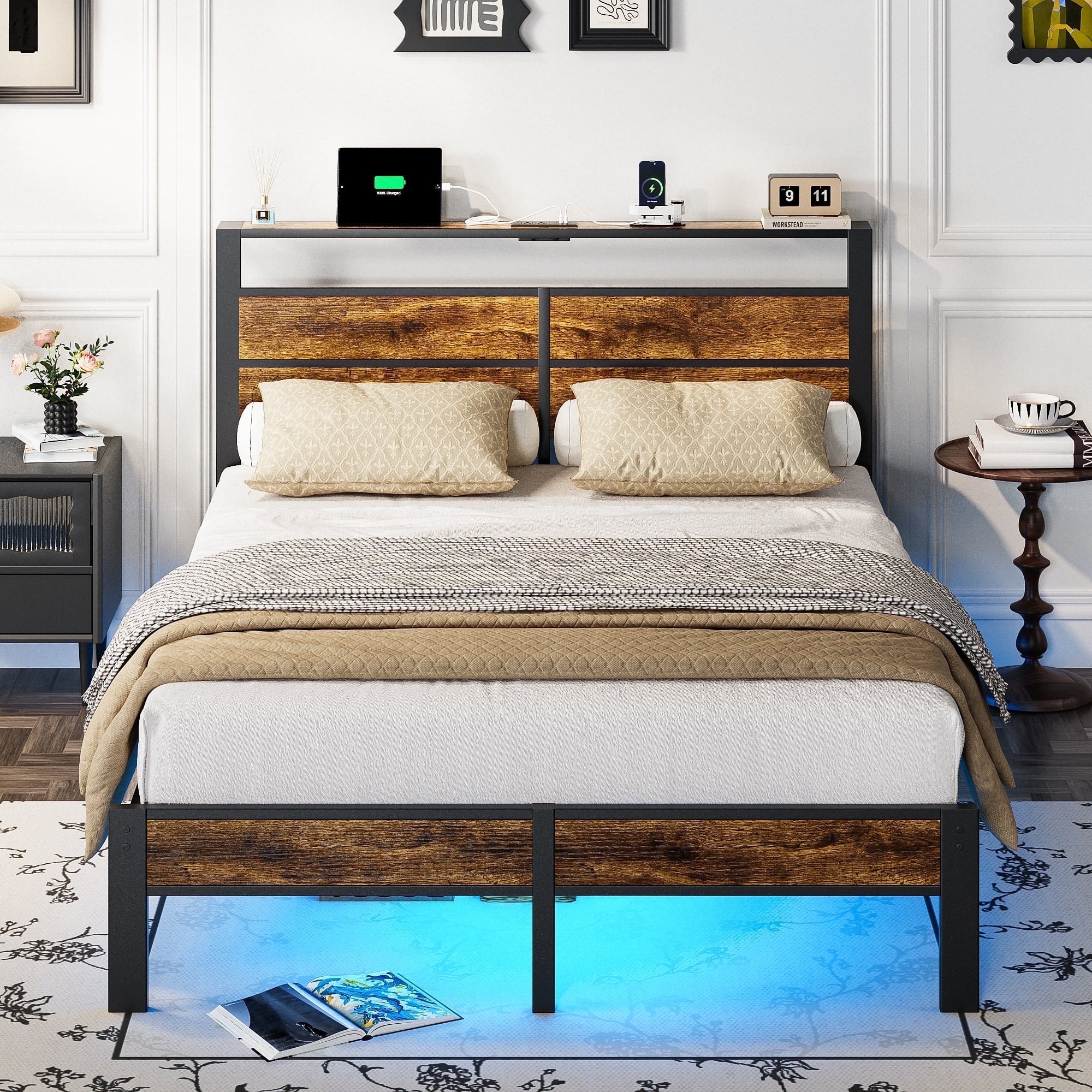Kbun Queen Bed Frame with Wood Headboard, Heavy Duty Metal Platform Bed ...