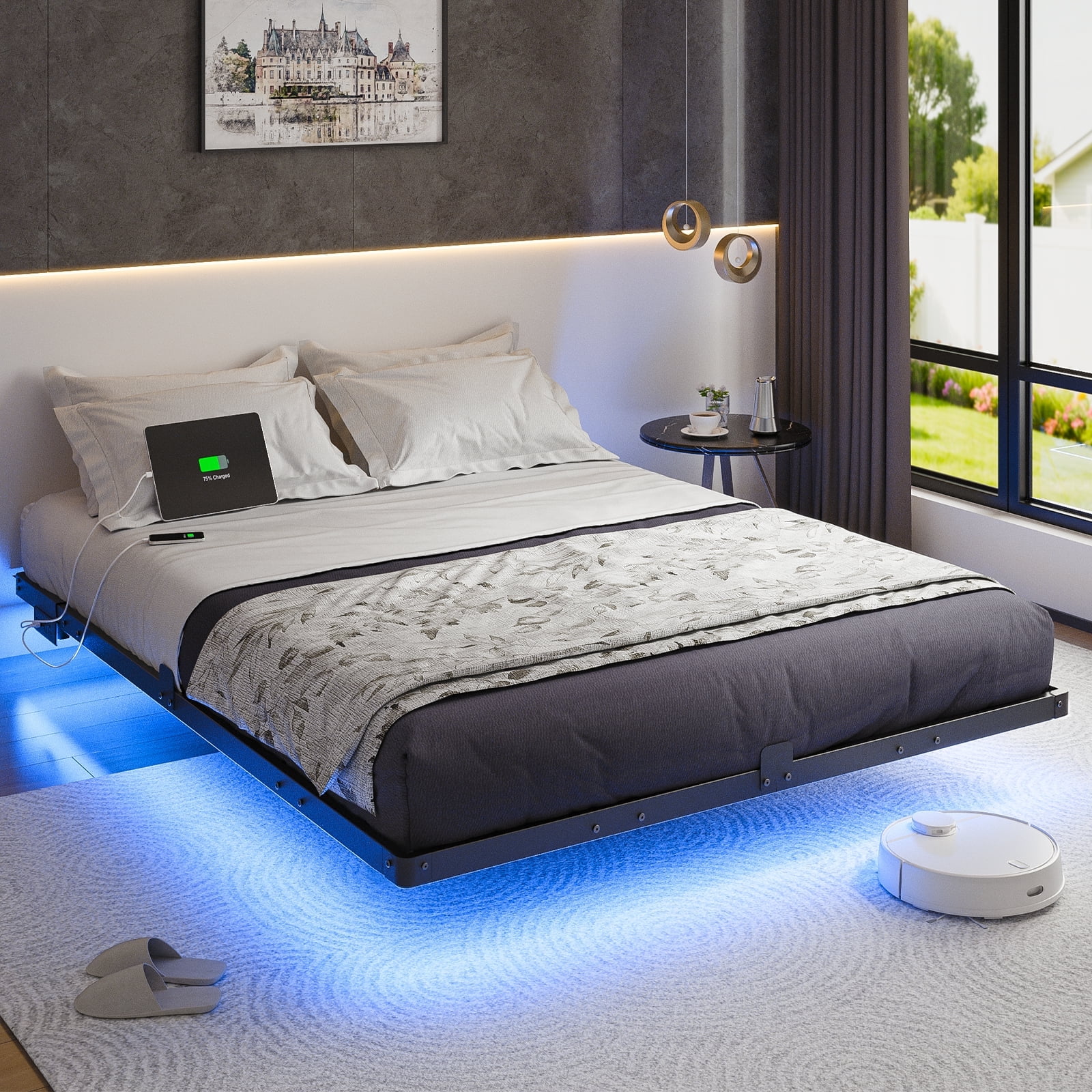 Kbun Queen Floating Bed Frame with LED Lights, Charging Station, and ...