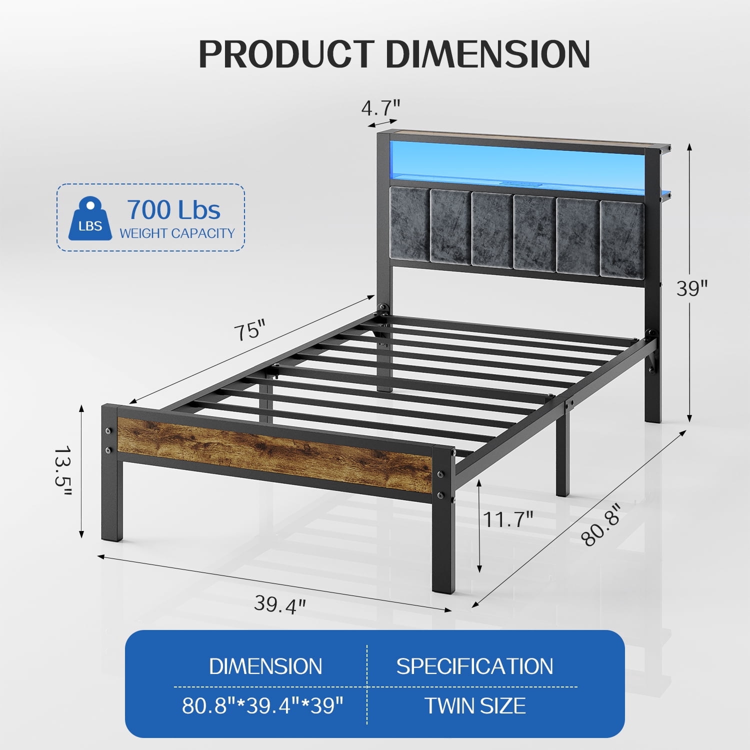 Kbun Twin Bed Frame with LED Lights & Charging Station, Metal Platform ...