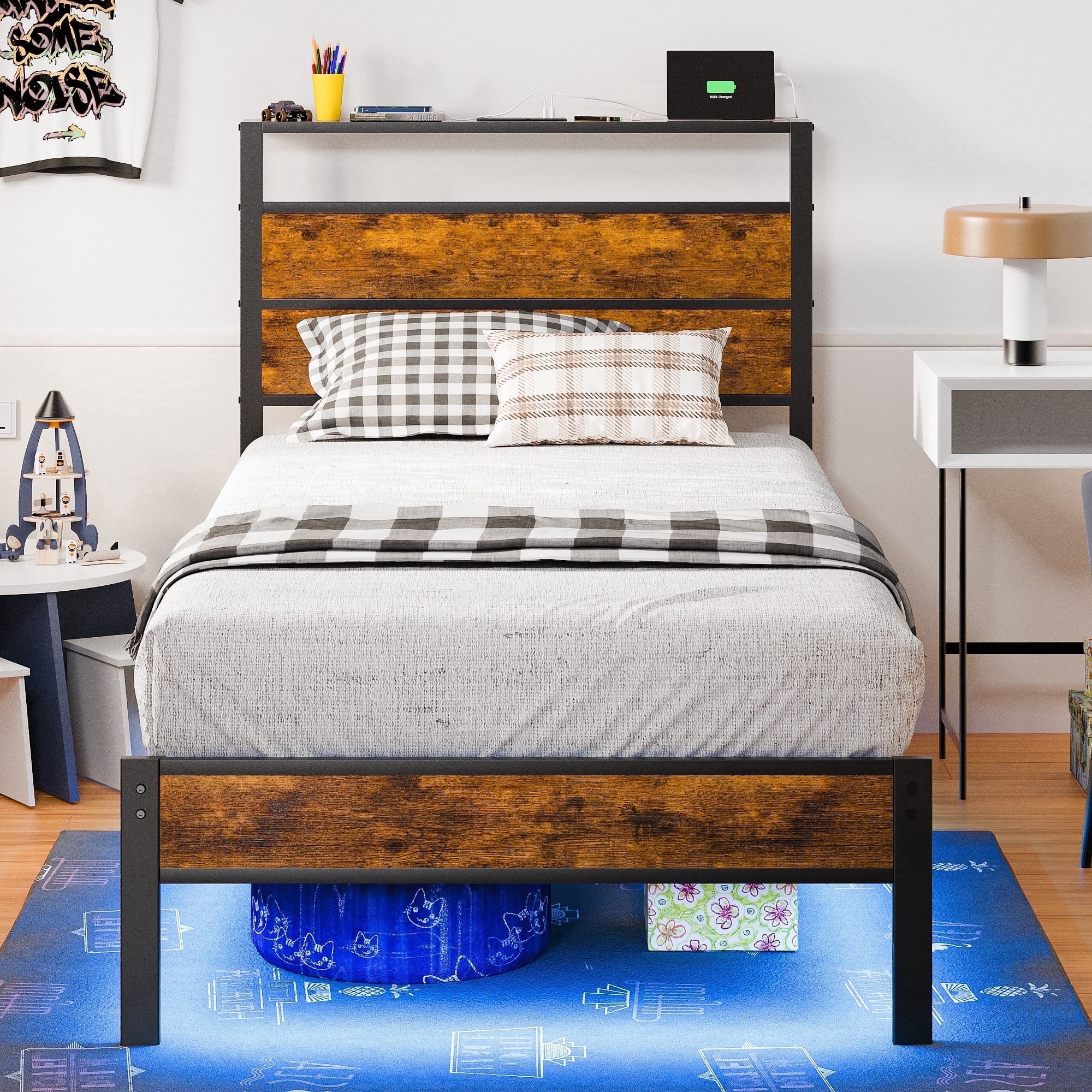 Kbun Twin Size Bed Frame with Wooden Headboard, USB and Type-C Charging ...