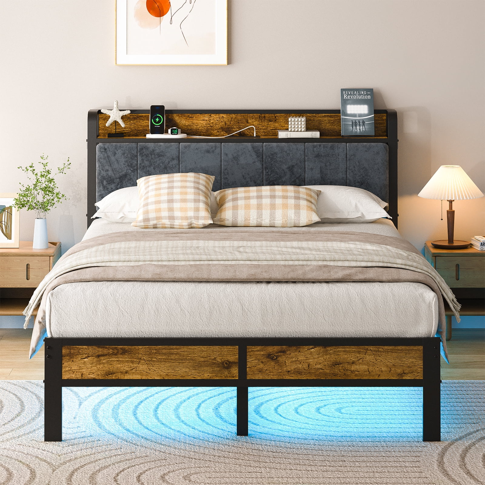 Kbun Wood Headboard Full Bed Frame with Adjustable LED Light, USB and ...