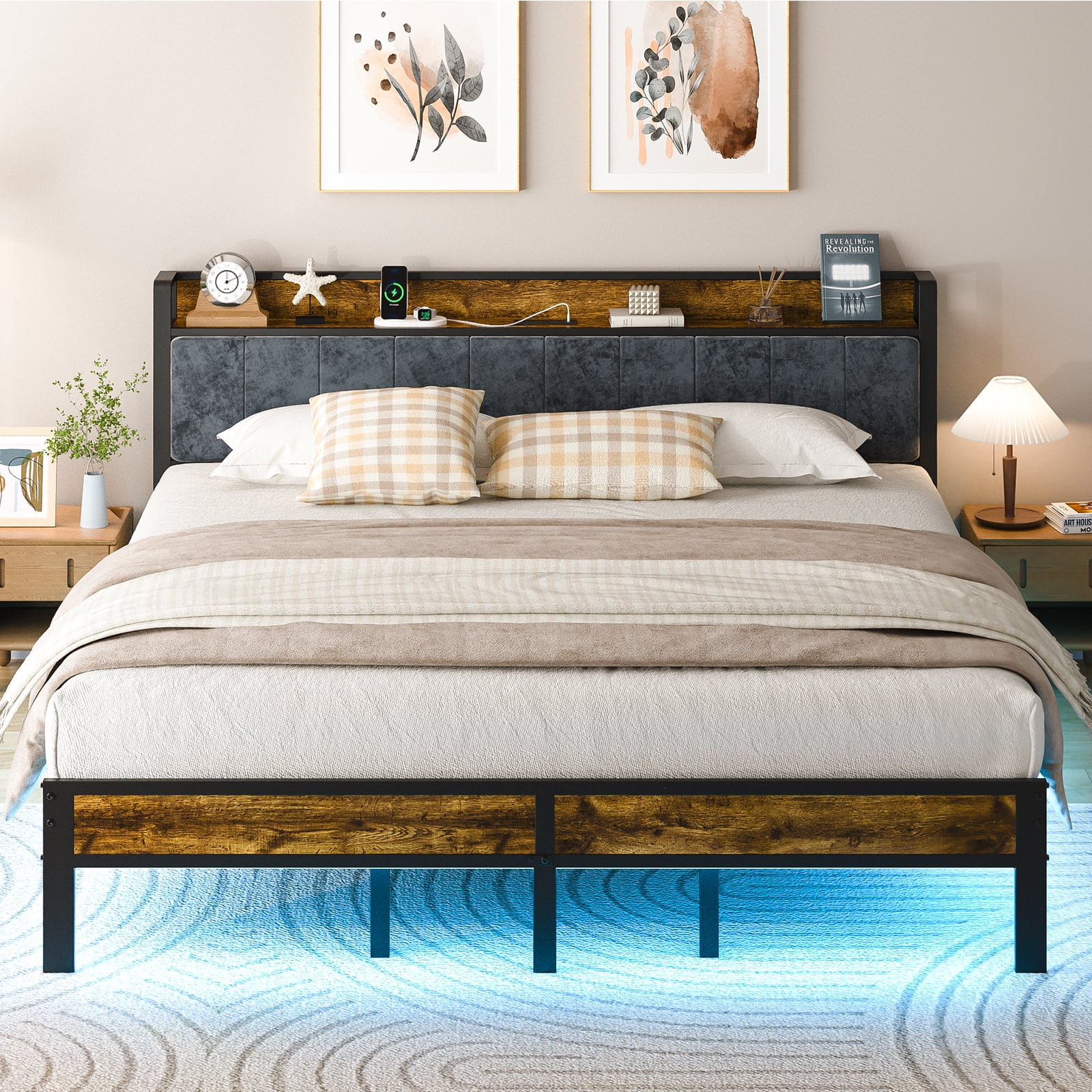 Kbun Wood Headboard King Bed Frame with Adjustable LED Light, USB and ...