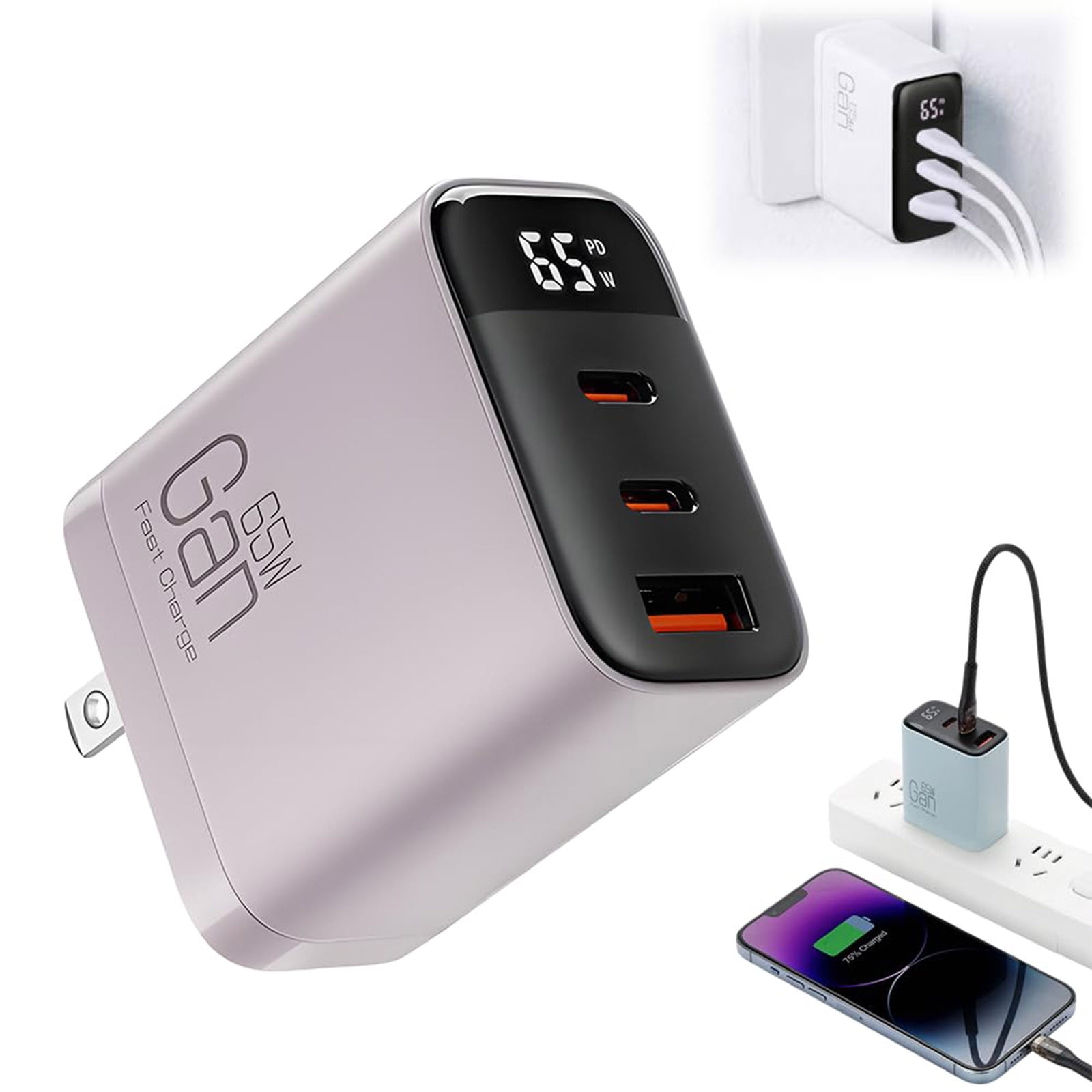 Kchsji 3-In-1 GaN 65W Fast Charger Wall Plug 2 Type-C 1 USB Port ...