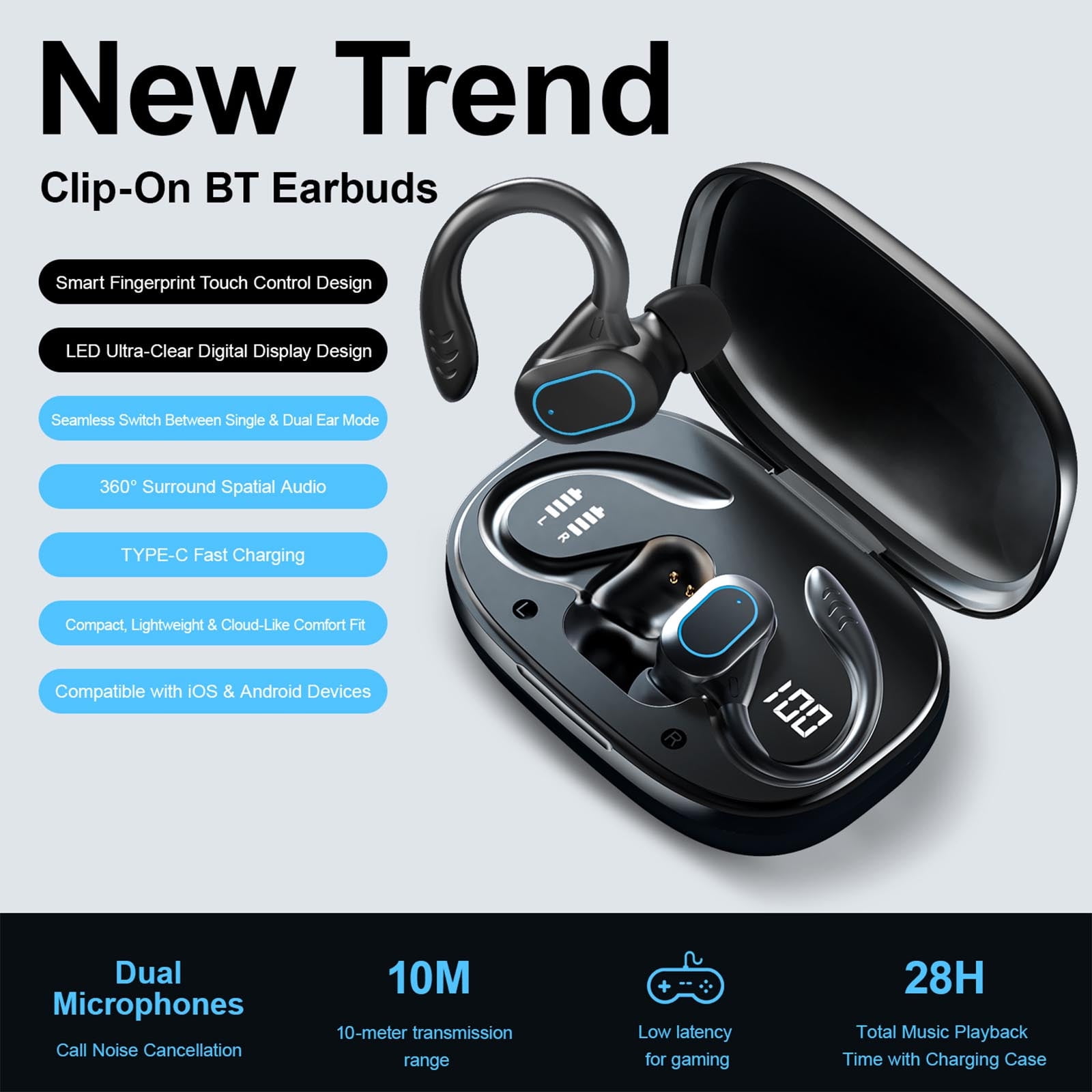 Kchsji Bluetooth Neckband Earbuds Wireless Headphones Power Display ...