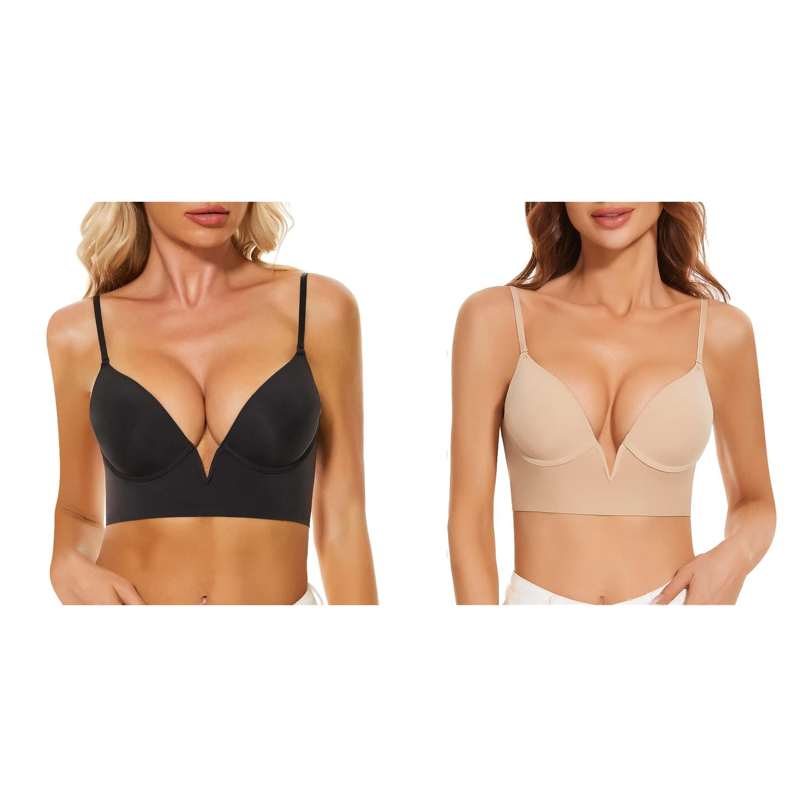 Kcodviy 2 Pcs French Deep V Low Women Bras Push Up Cut Large Open Back Womens Bras No Underwire ...