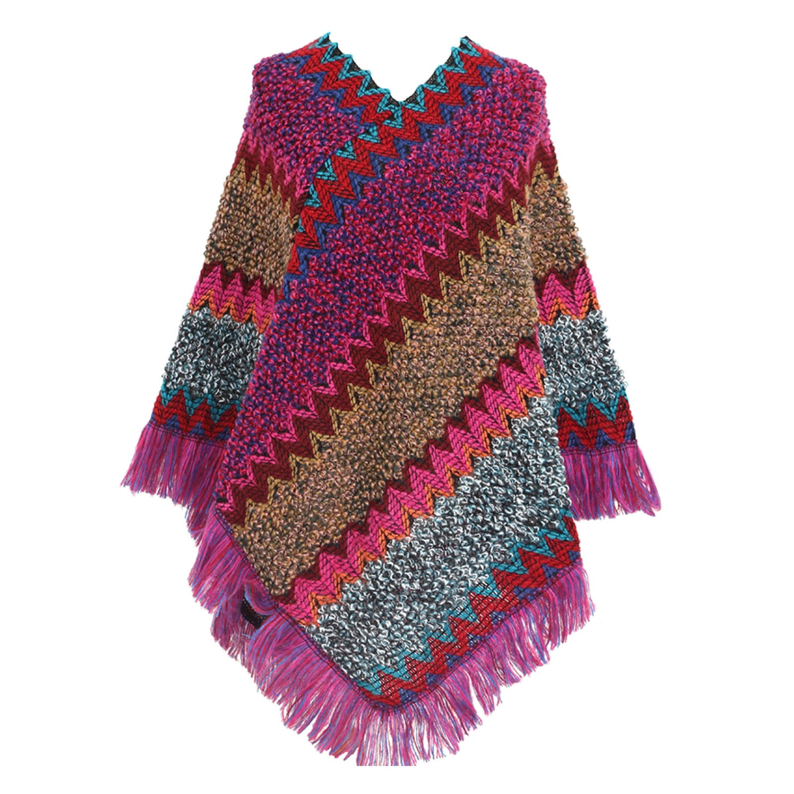 Kcodviy Women Nationl Print Colourful Splice Poncho With Tassels ...