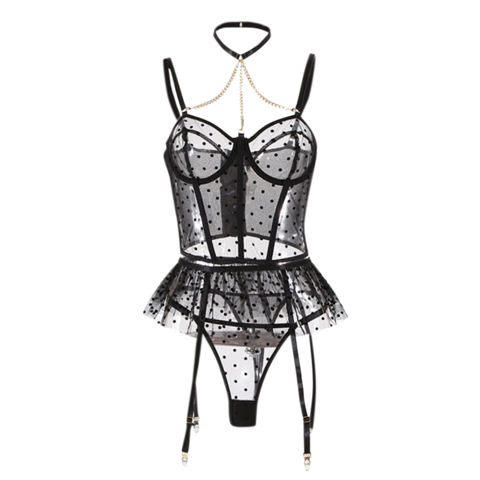 Kcodviy Women Print Mesh Lingerie Lace Lingerie Three Pieces Set