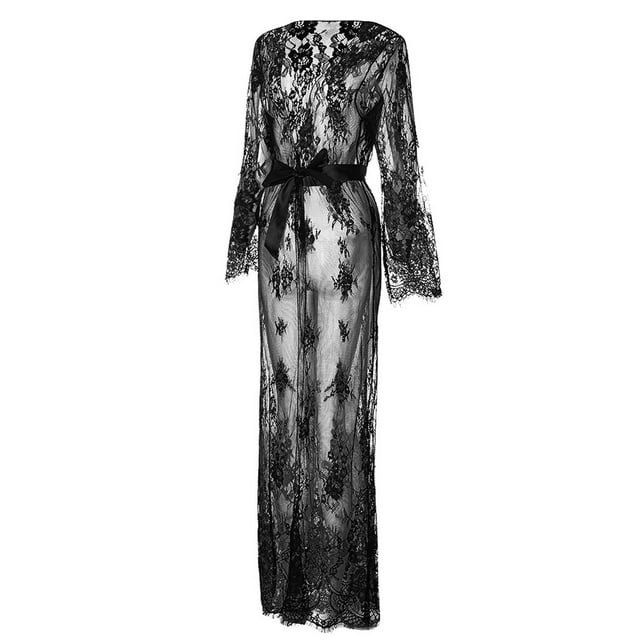 Kcodviy Womens Seductive Simple Black Long Sleeved Lace Long Skirt Jumpsuit Plus Size Silk