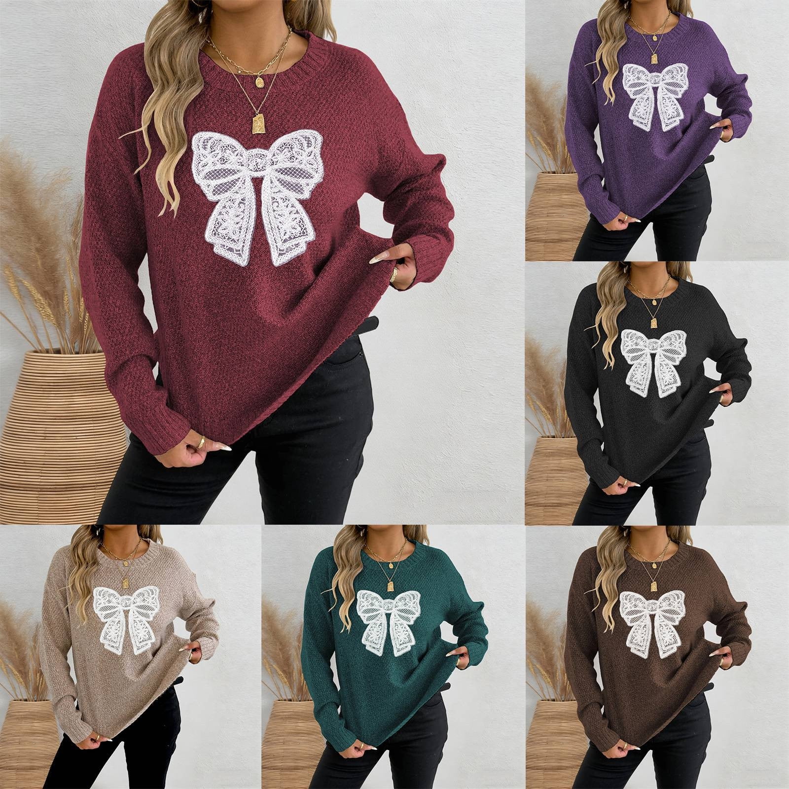 Kcolen Bow Knit Sweater for Women Long Sleeve Crewneck Cute Sweaters ...