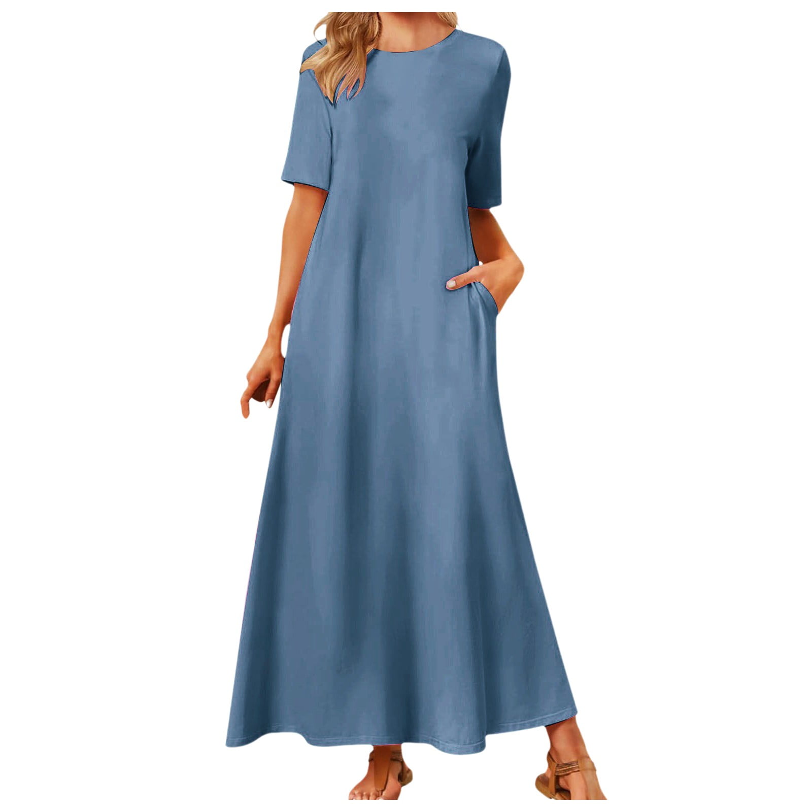 Kcolen Short Sleeve Dress for Women Maxi Solid Color Casual Summer ...