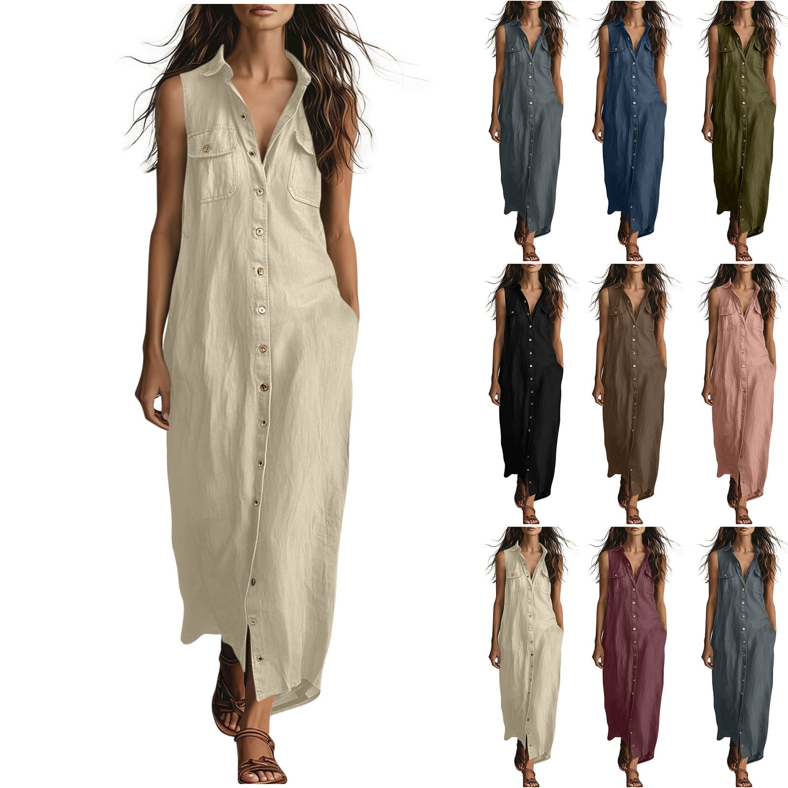 Kctiaxy Maxi Dresses for Women Cotton Linen Button Up Casual Dresses ...