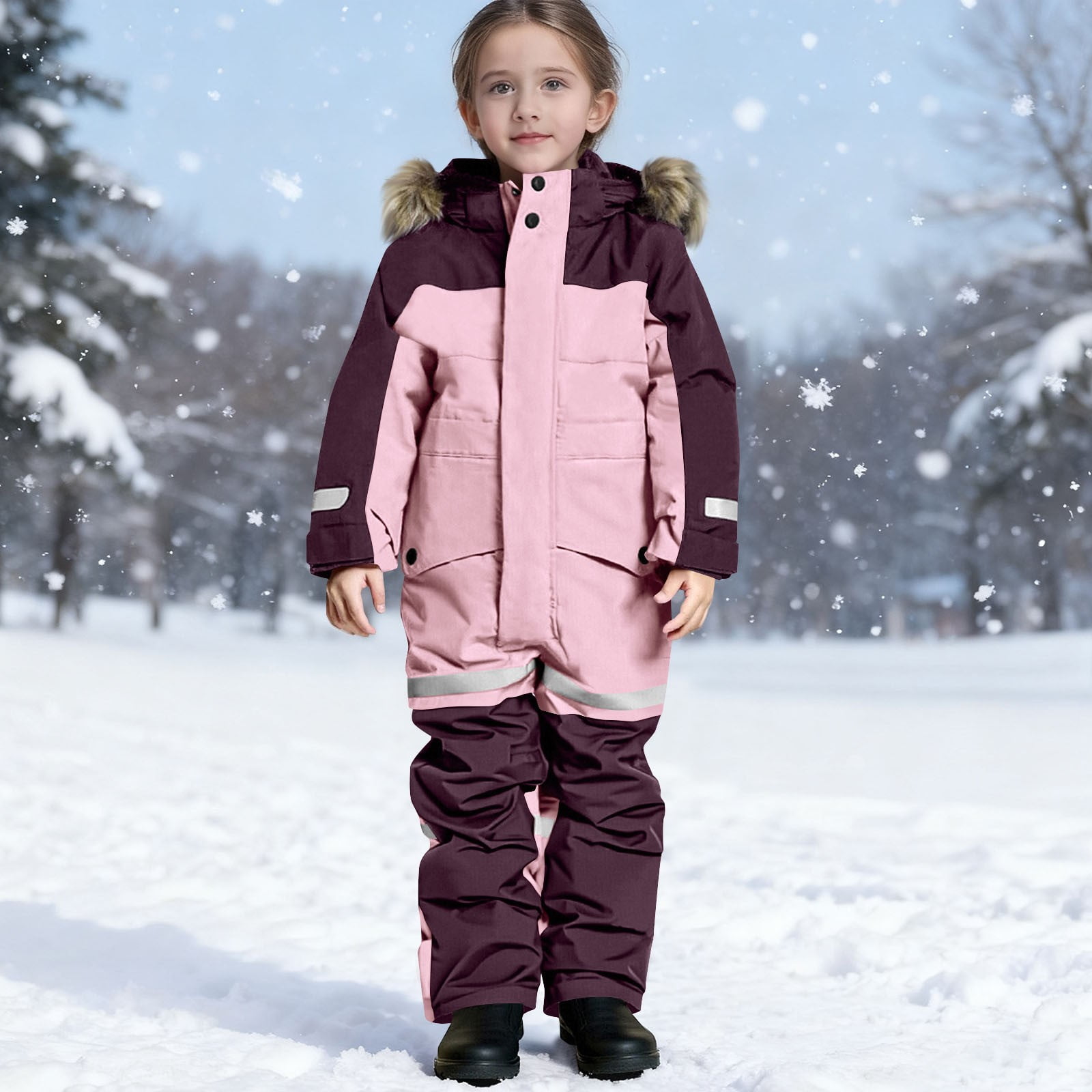 Kctiaxy Pink Snowsuit for Girls Children Soild Color Casual Ski Suits ...