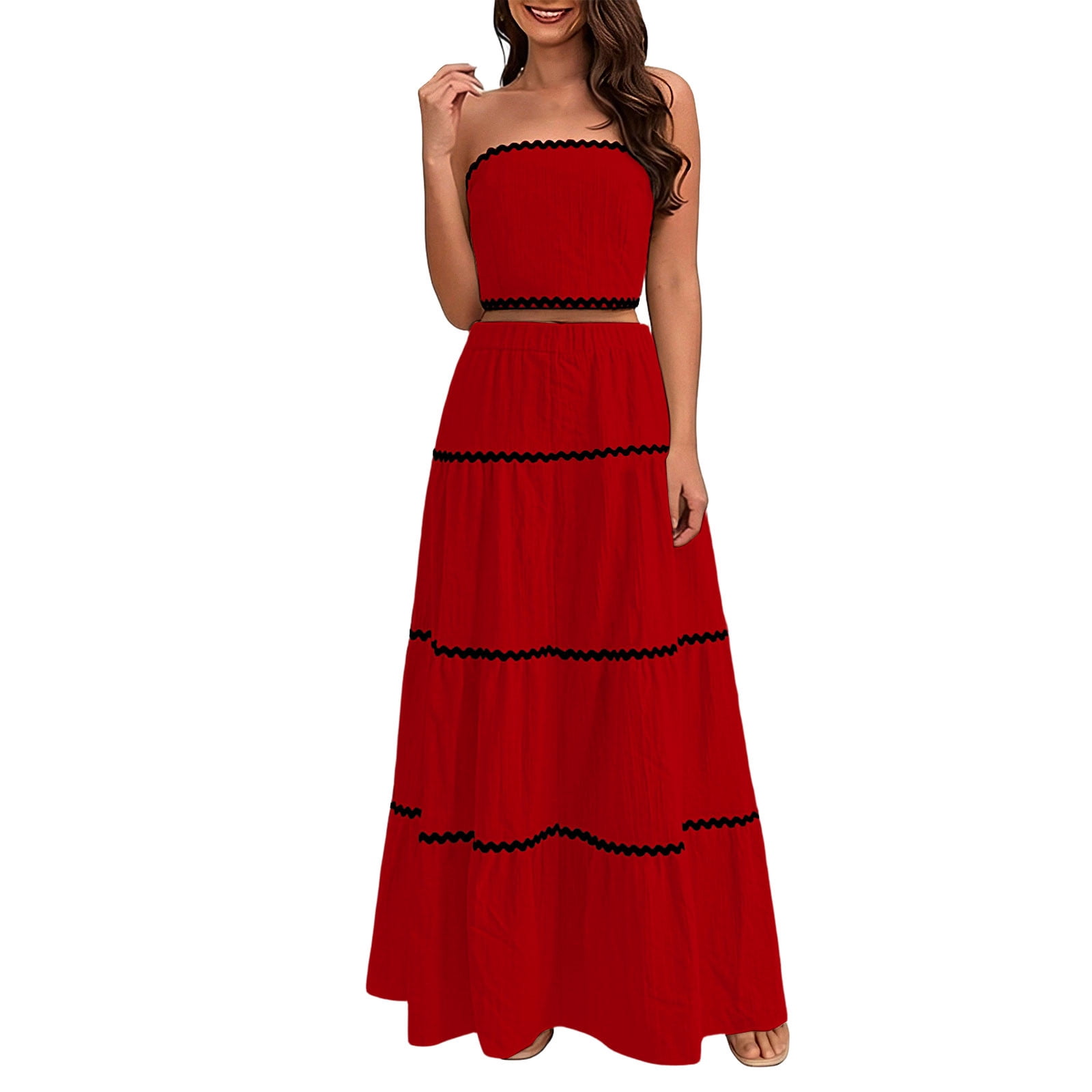 Kctiaxy Red Vacation Sets for Women 2 piece Outfits Bandeau Tube Top ...