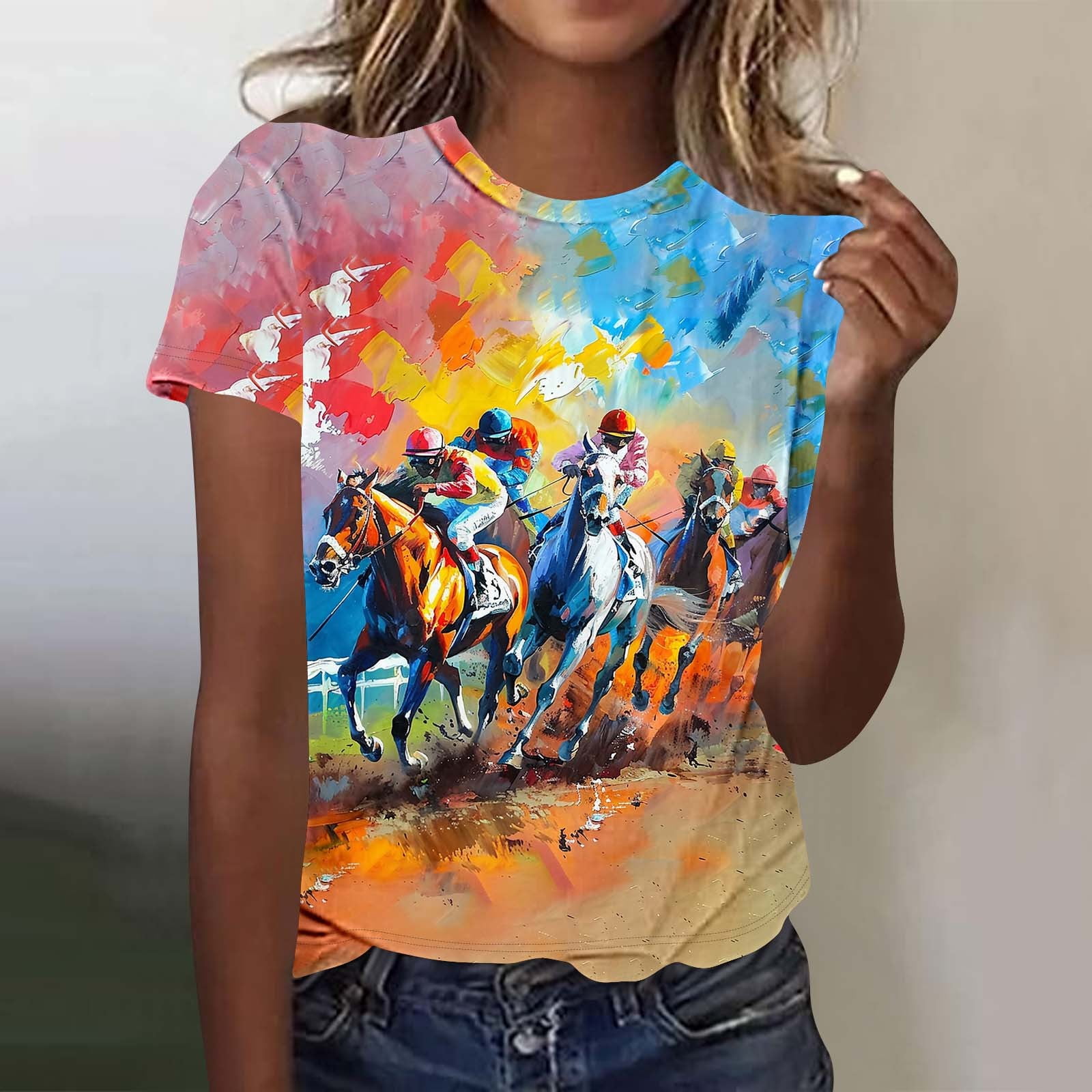 Kctiaxy T Shirts for Women Horse Racing Printed Short Sleeve Summer ...