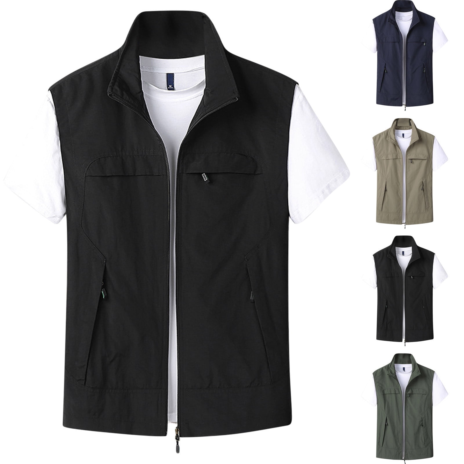 Kctiaxy Vest for Men Thin Sleeveless Standing Collar Cargo Vest Solid ...
