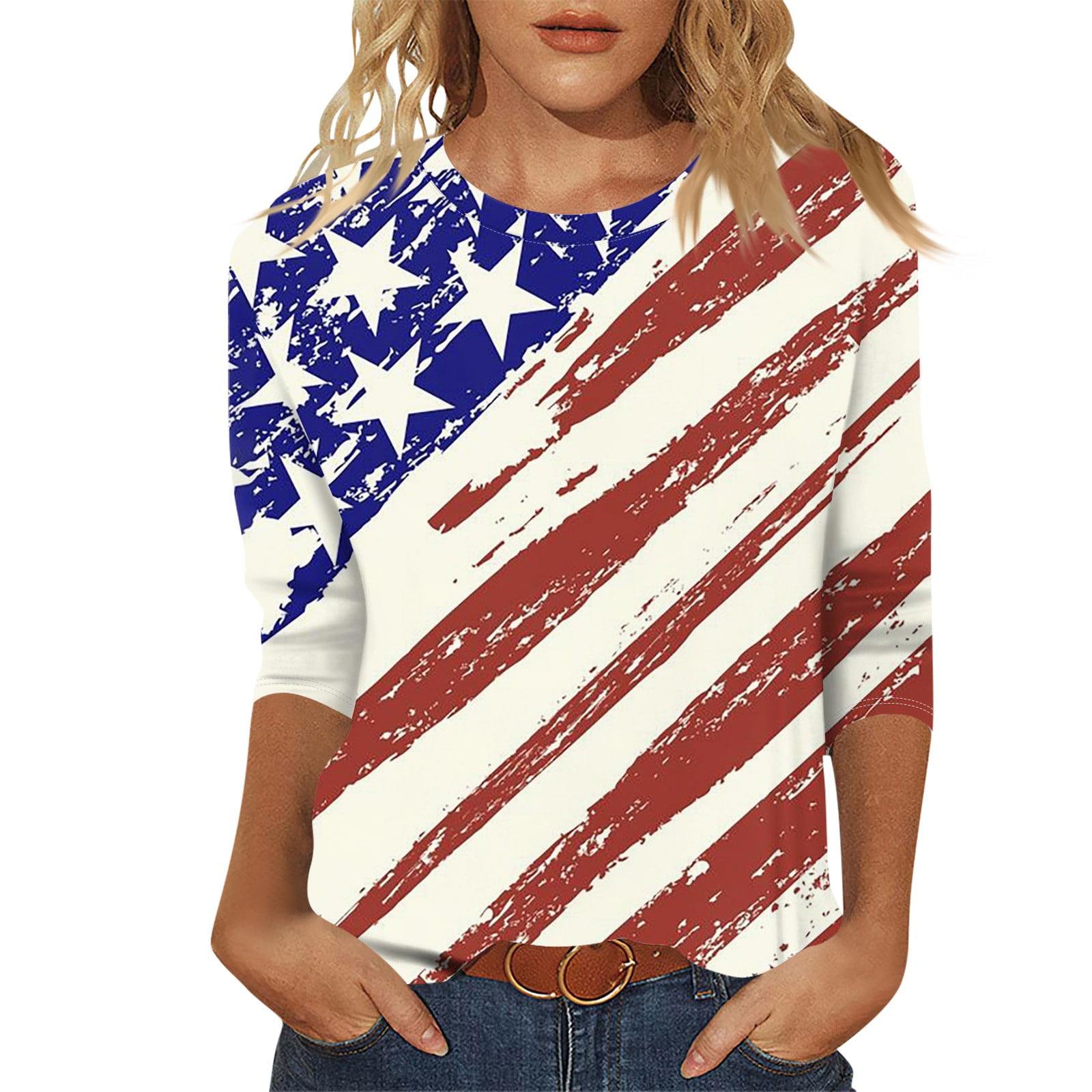 Kddylitq 4th Of July Tops Women Patriotic Star Stripes Independence Day