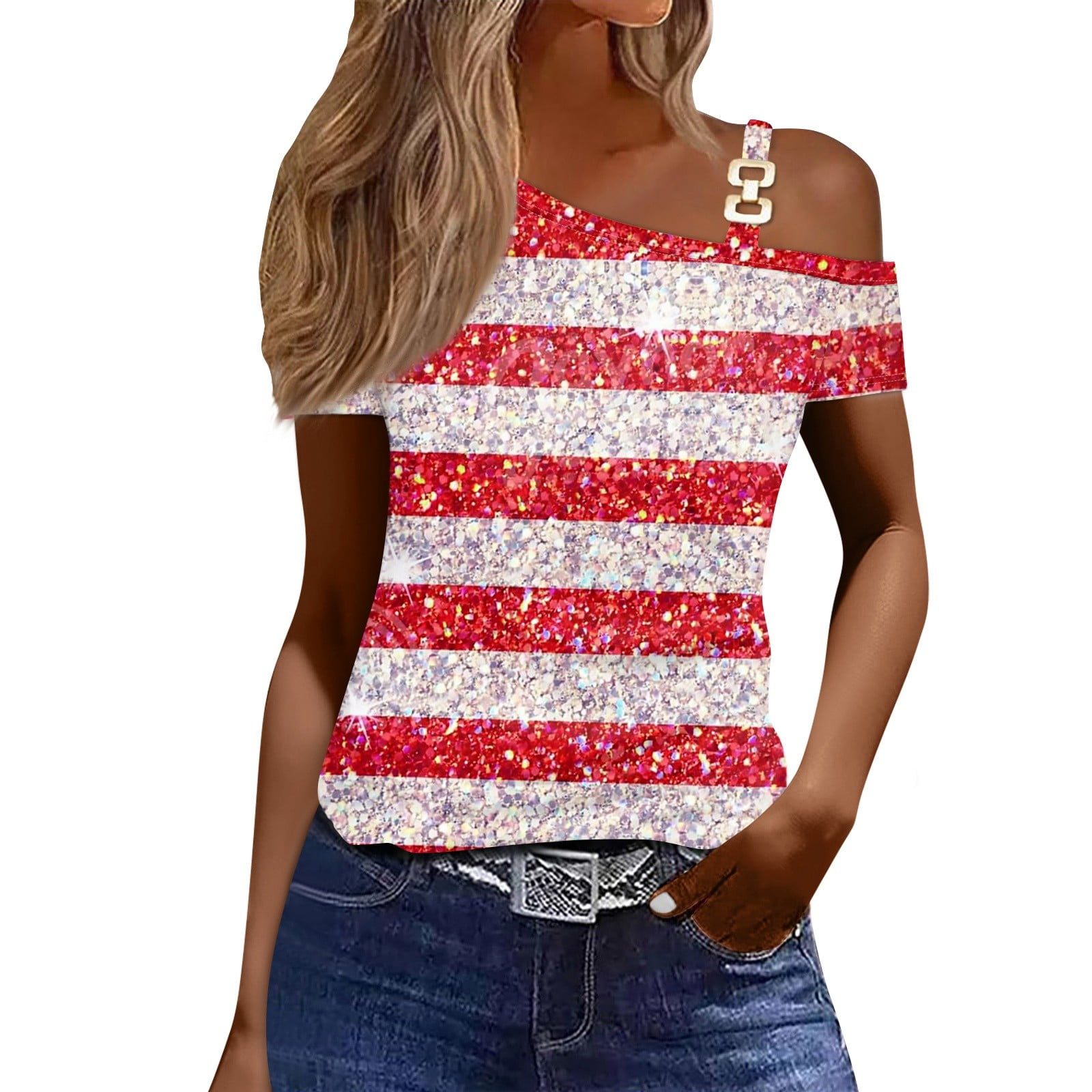 Kddylitq 4th Of July T Shirts For Women American Flag Tops One Shoulder
