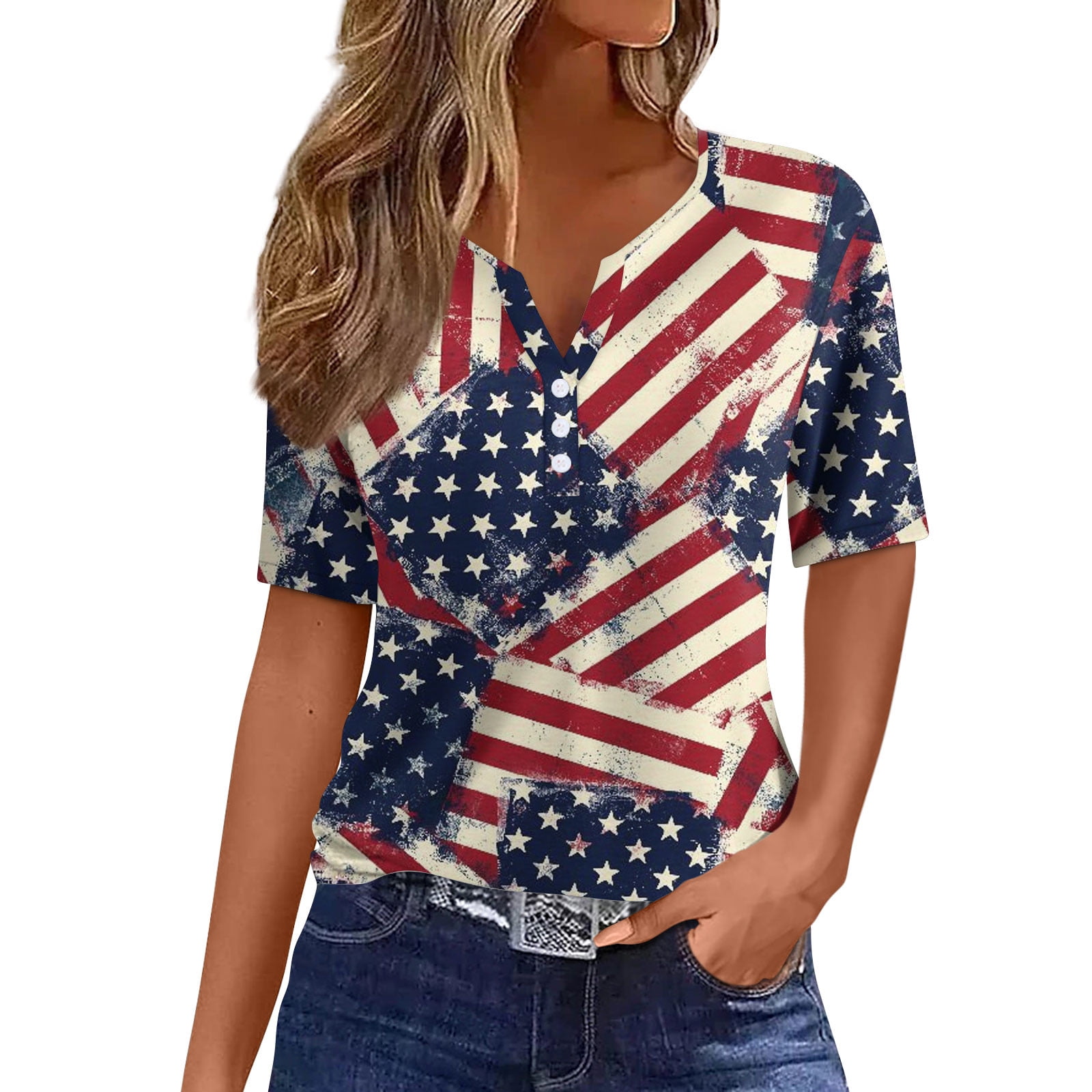 Kddylitq Button Down Patriotic T Shirts For Women Stars Striped American Flag Tunic Tops
