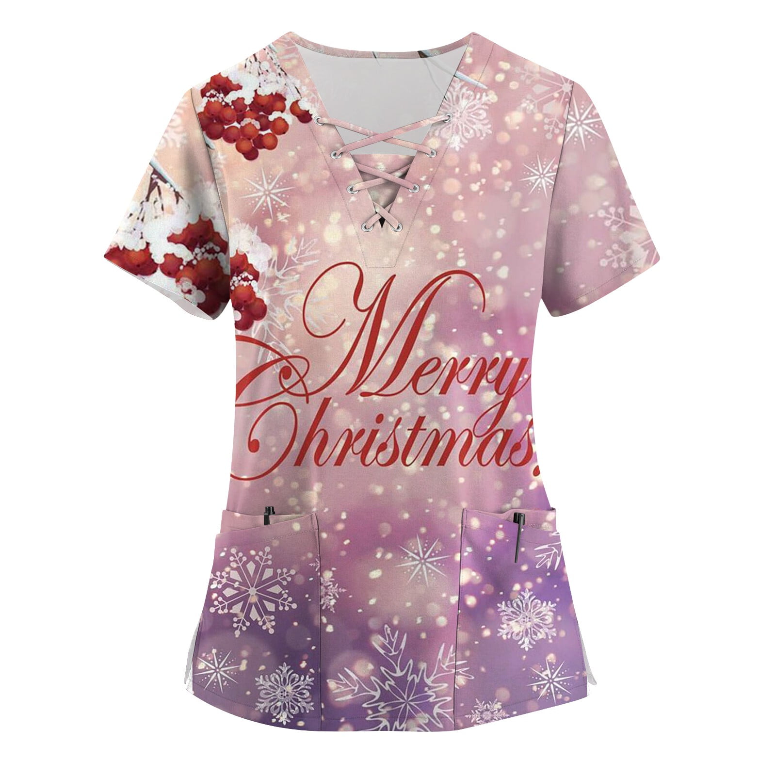 Kddylitq Christmas Print Scrub Tops Women Comfy Printed Santa Snowman