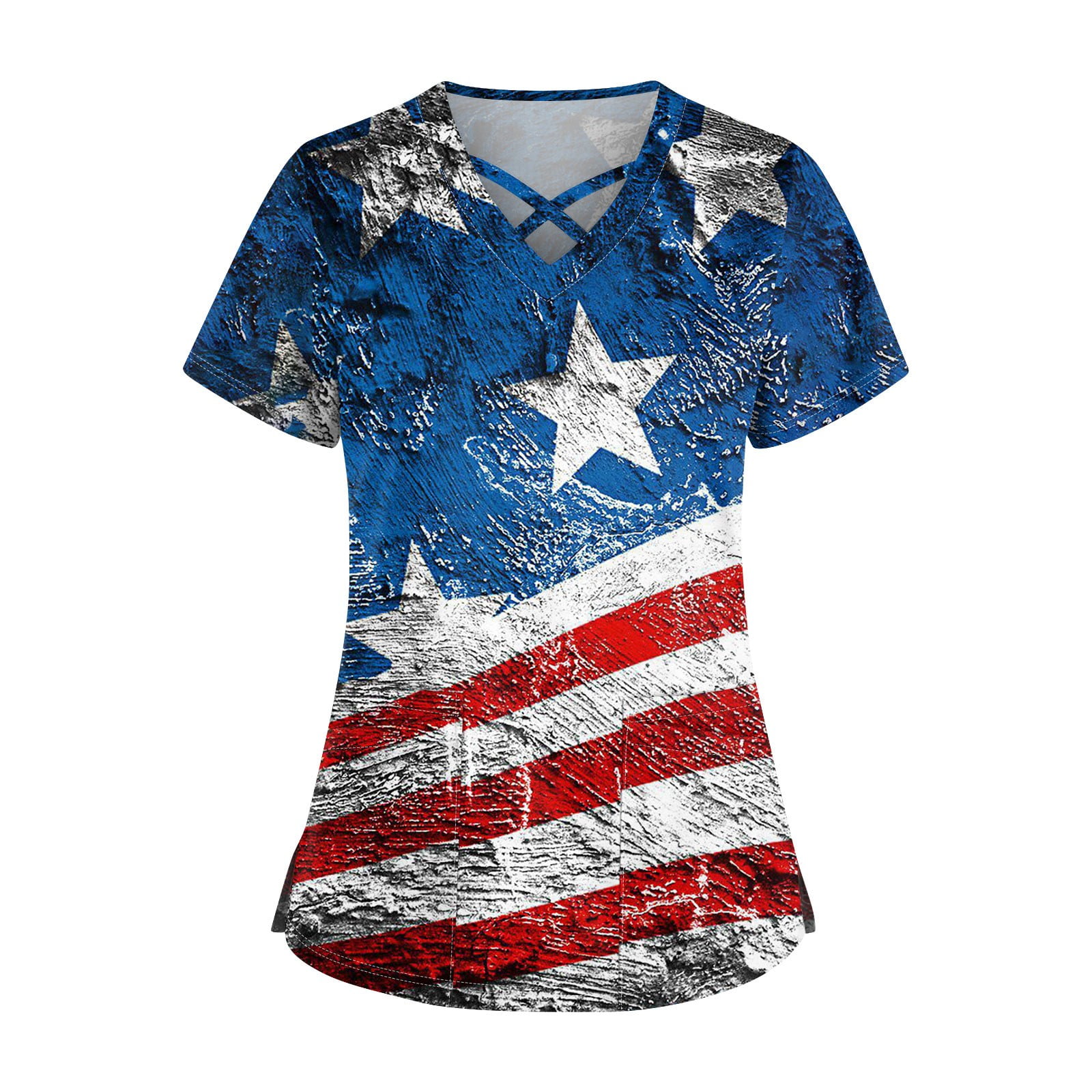 Kddylitq Medical V Neck Scrub Tops for Women Short Sleeve American Flag ...