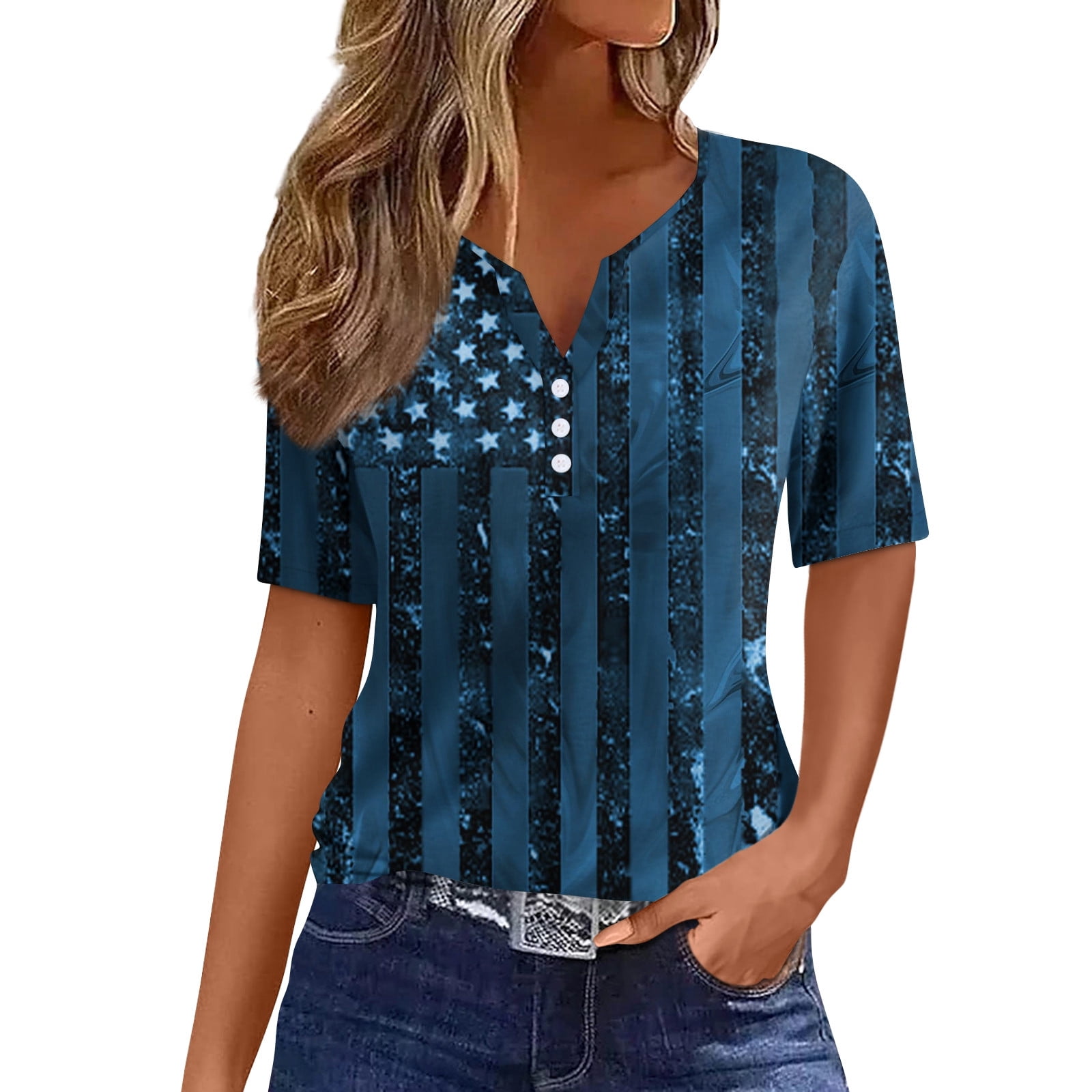 Kddylitq Short Sleeve Patriotic T Shirts For Women Button Down