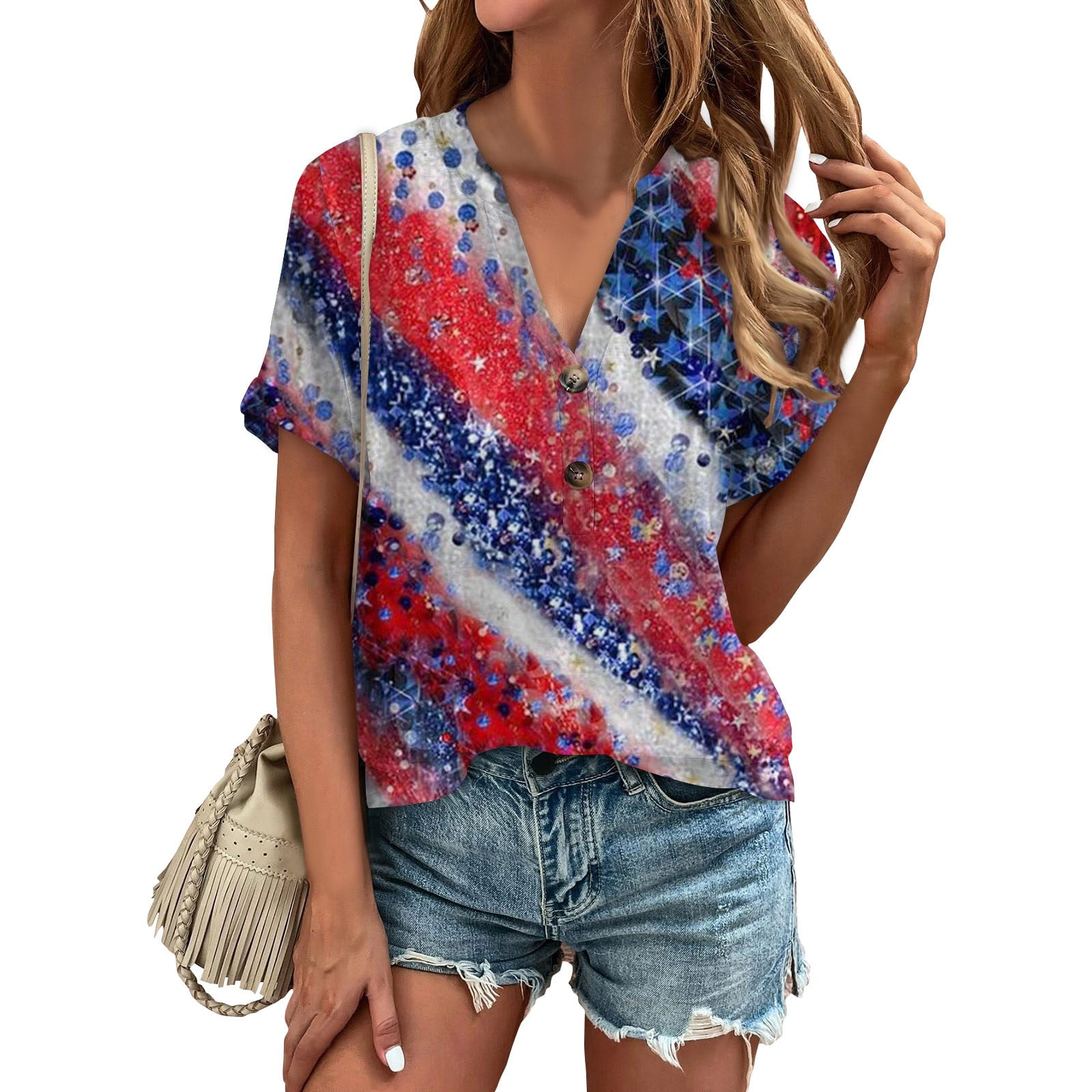 Kddylitq Short Sleeve Patriotic T Shirts For Women Stars Striped