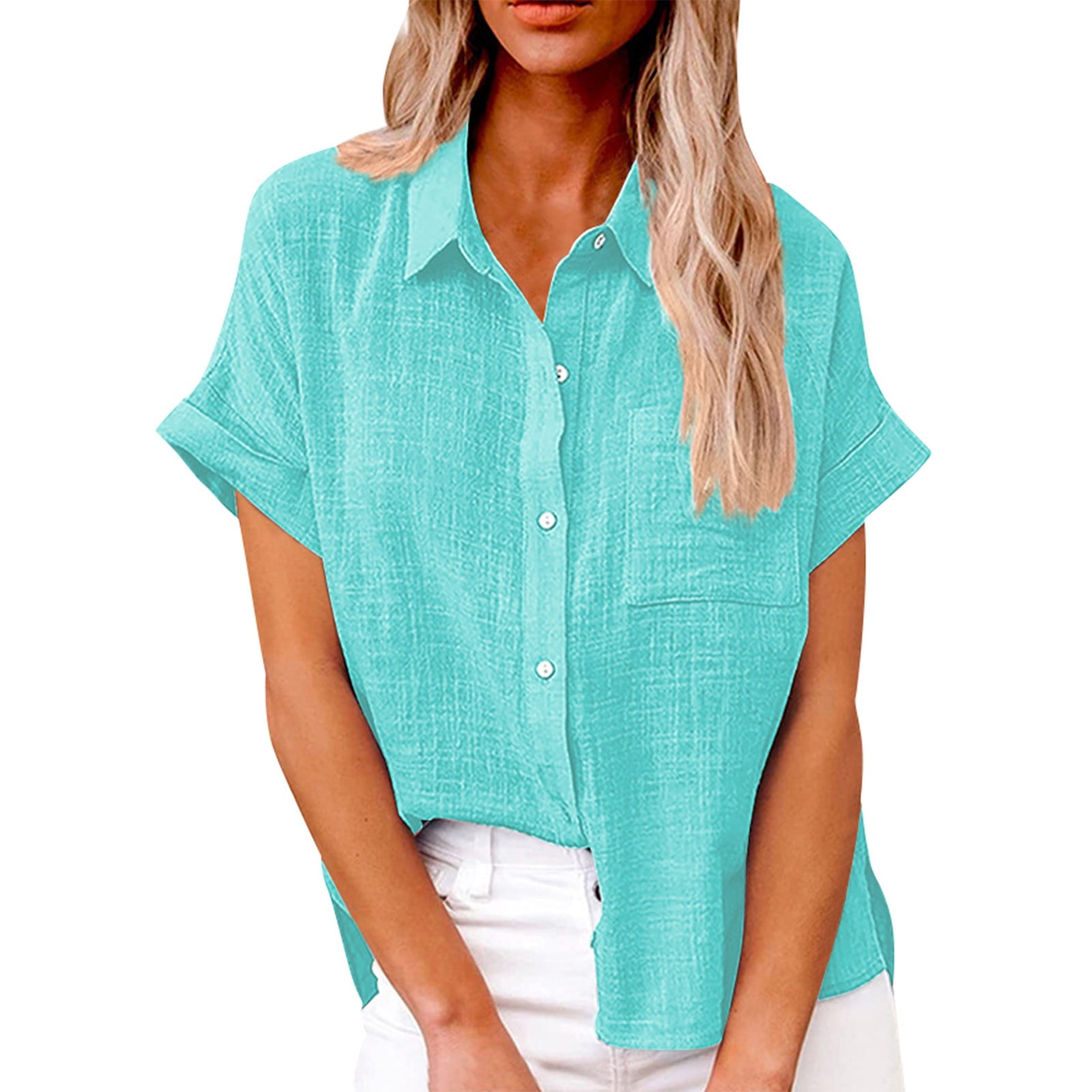 Kddylitq Summer Button Down Shirts for Women Cotton Linen Collared Tops Short Sleeve Gauze ...