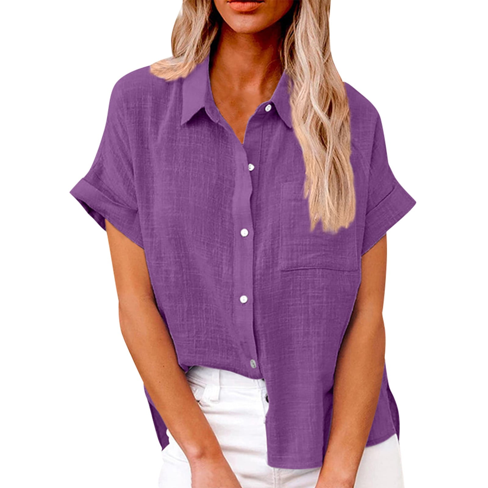 Kddylitq Summer Button Down Shirts for Women Cotton Linen Collared Tops ...