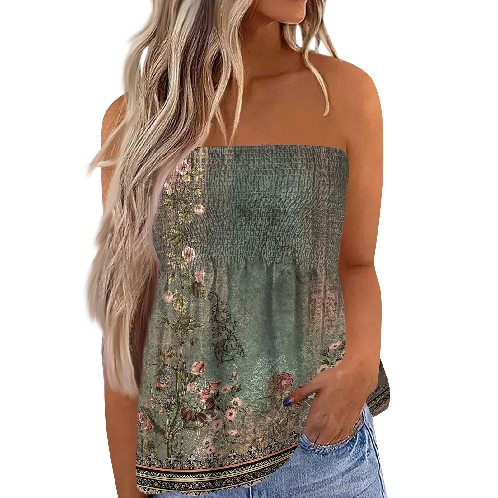 Kddylitq Tube Tops for Women Strapless Bandeau Tank Tops Floral Printed ...