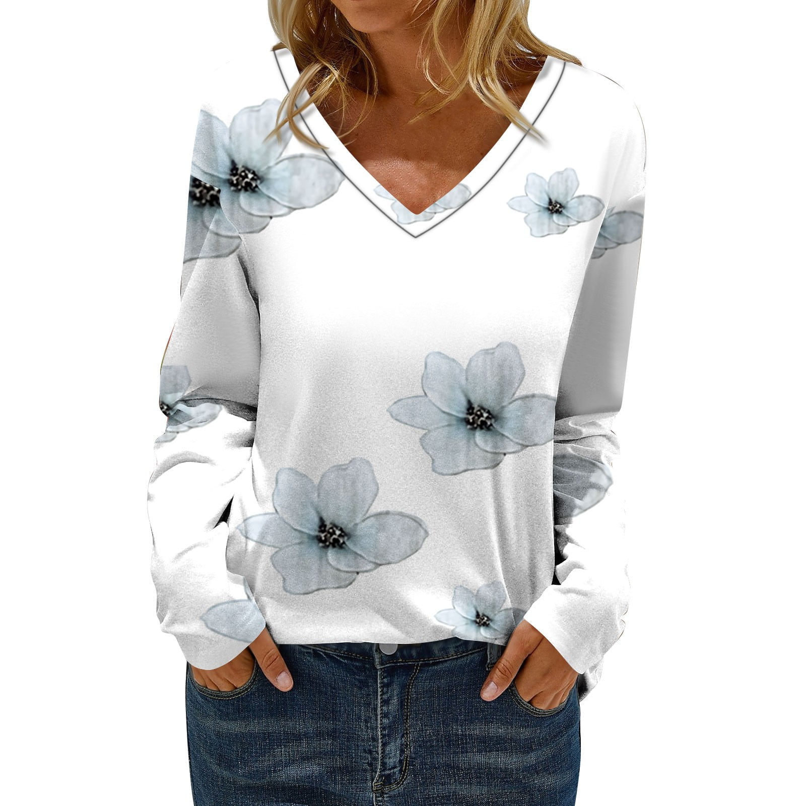 Kddylitq Womens Long Sleeve Floral Crew Neck Shirt Dressy Casual Loose