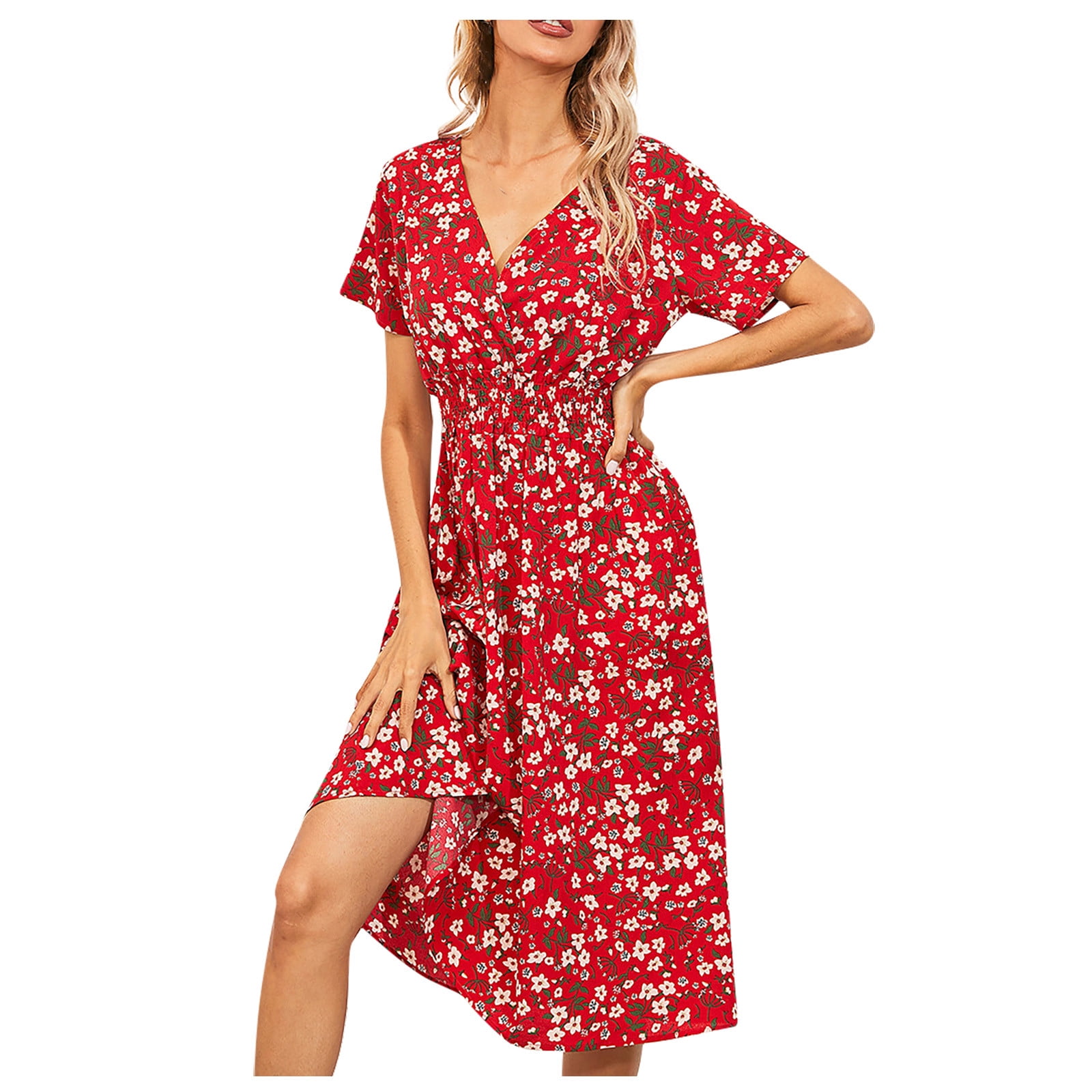 Kddylitq Womens Spring Deep V Neck Short Sleeve Ruffle Beach Dress