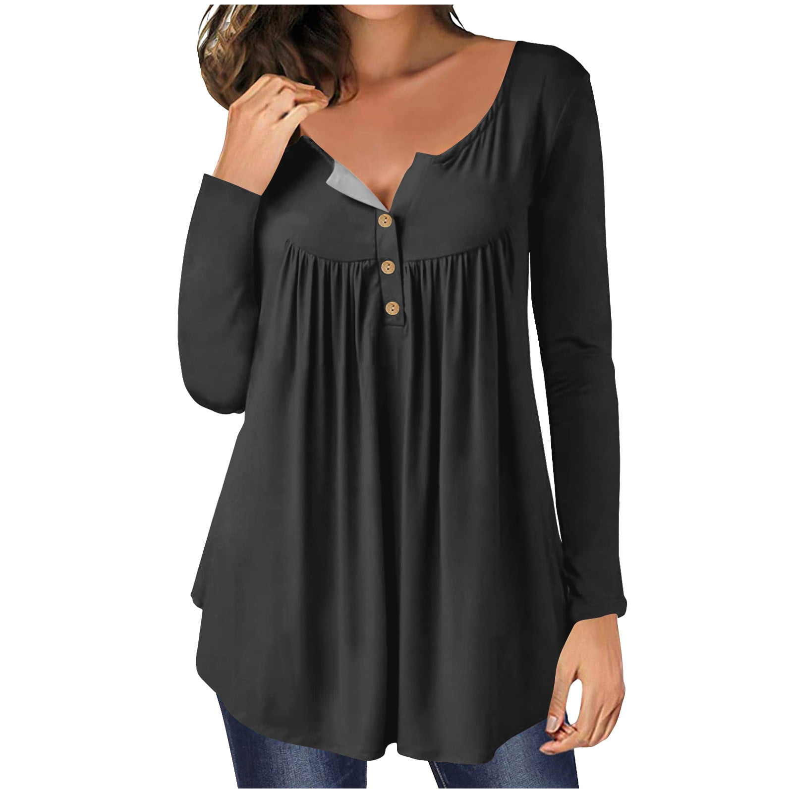 Kddylitq Womens Tunic Tops Casual Blouse V Neck Long Sleeve Buttons Up