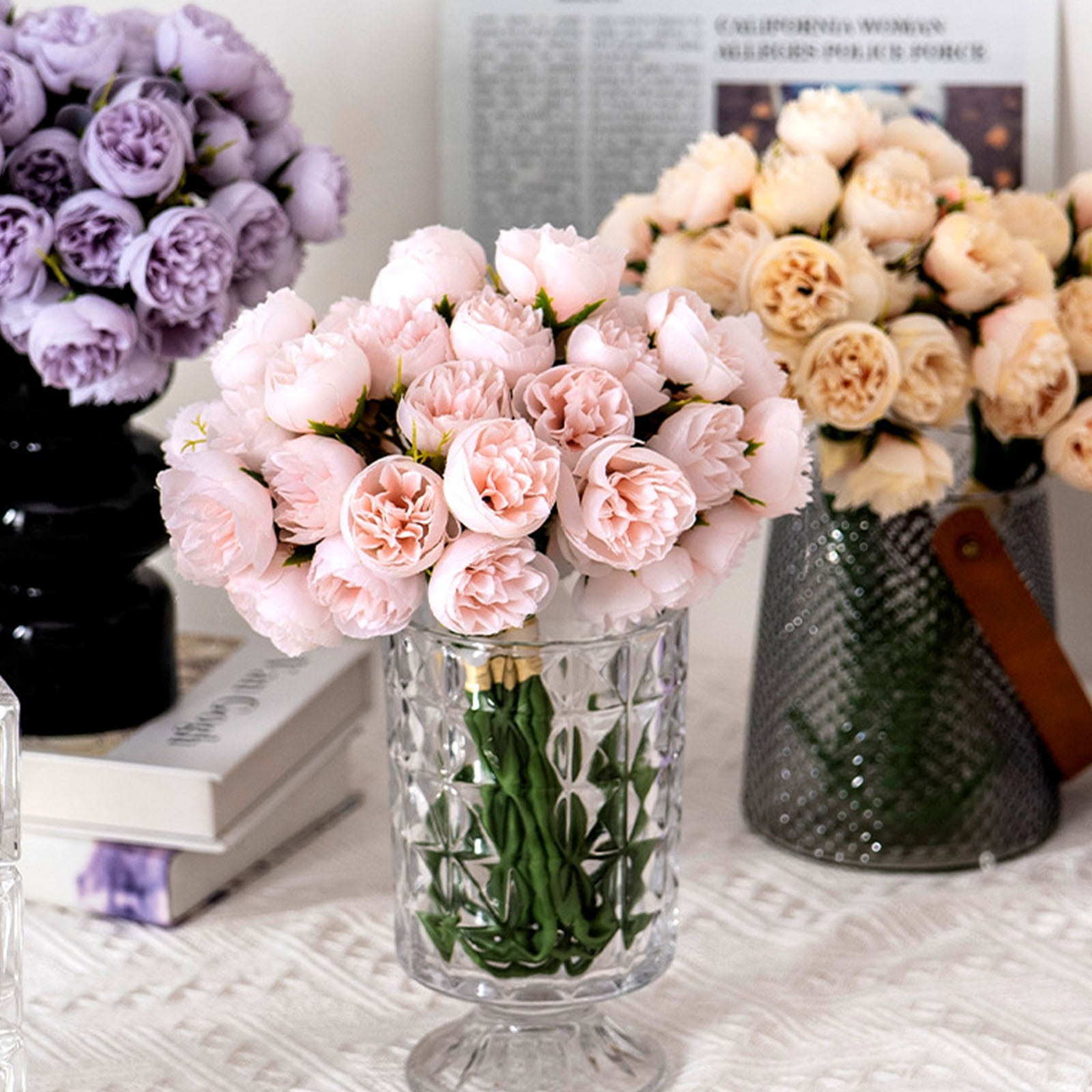 Kdkad 27-Heads Realistic Dew Lotus & Tea Roses Artificial Flower ...
