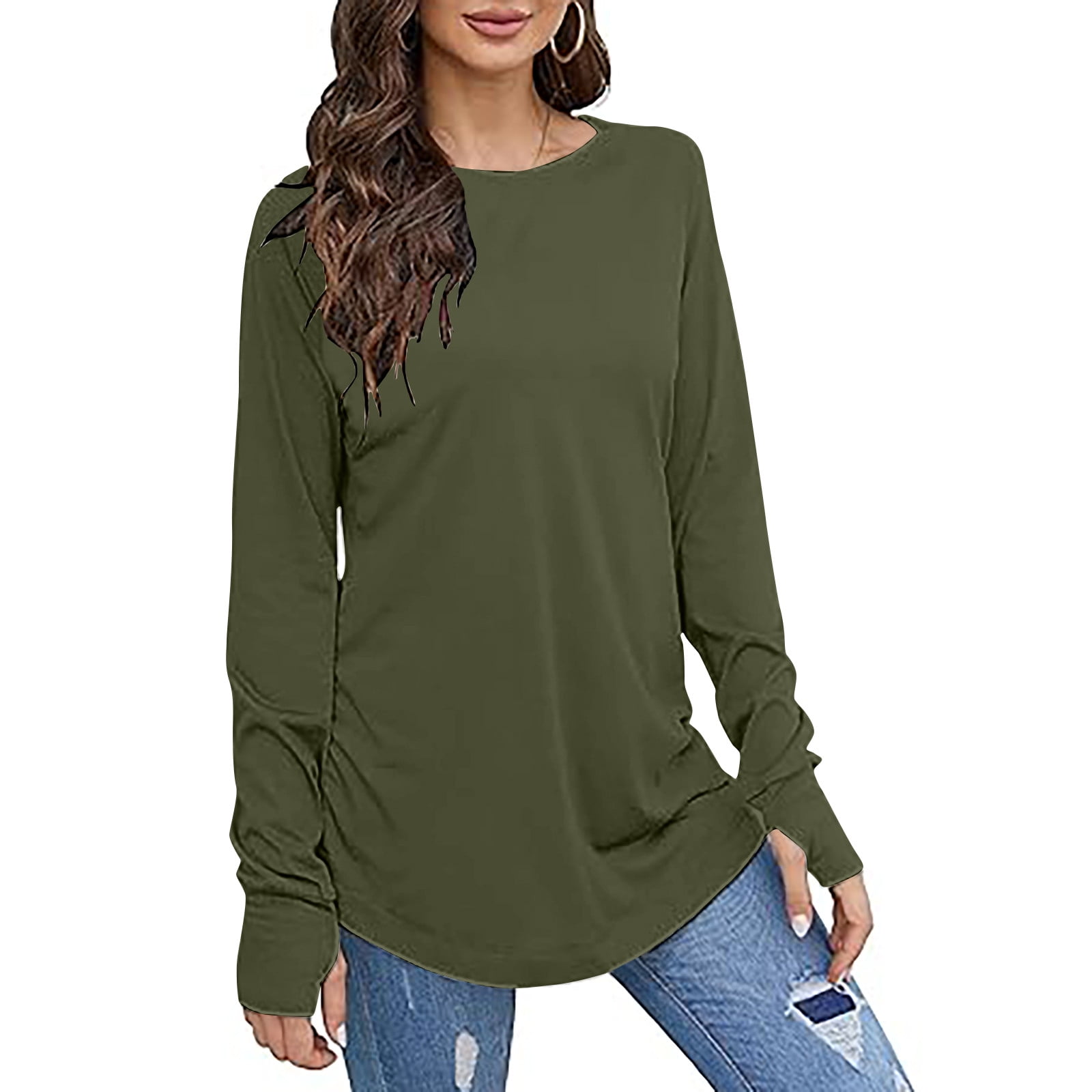 Kdnteot Womens Tops Plus Size Long Sleeve Crew Neck T-Shirts Plain Slim ...