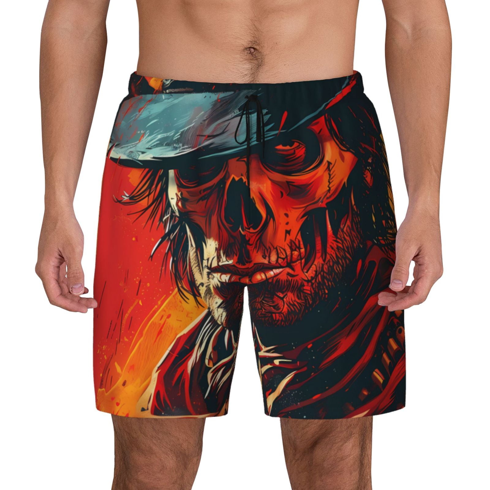 Kdxio 60s Western Skull Cowboy Print Men's Swim Trunks with Compression ...
