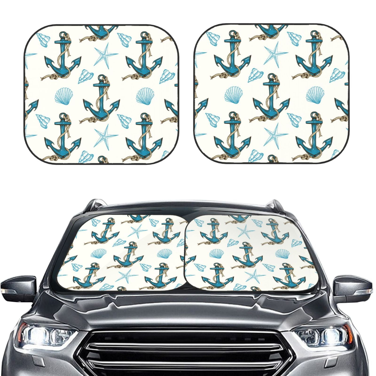 Kdxio Anchors And Shells Print 2-Piece Sun Shade Front Windshield ...